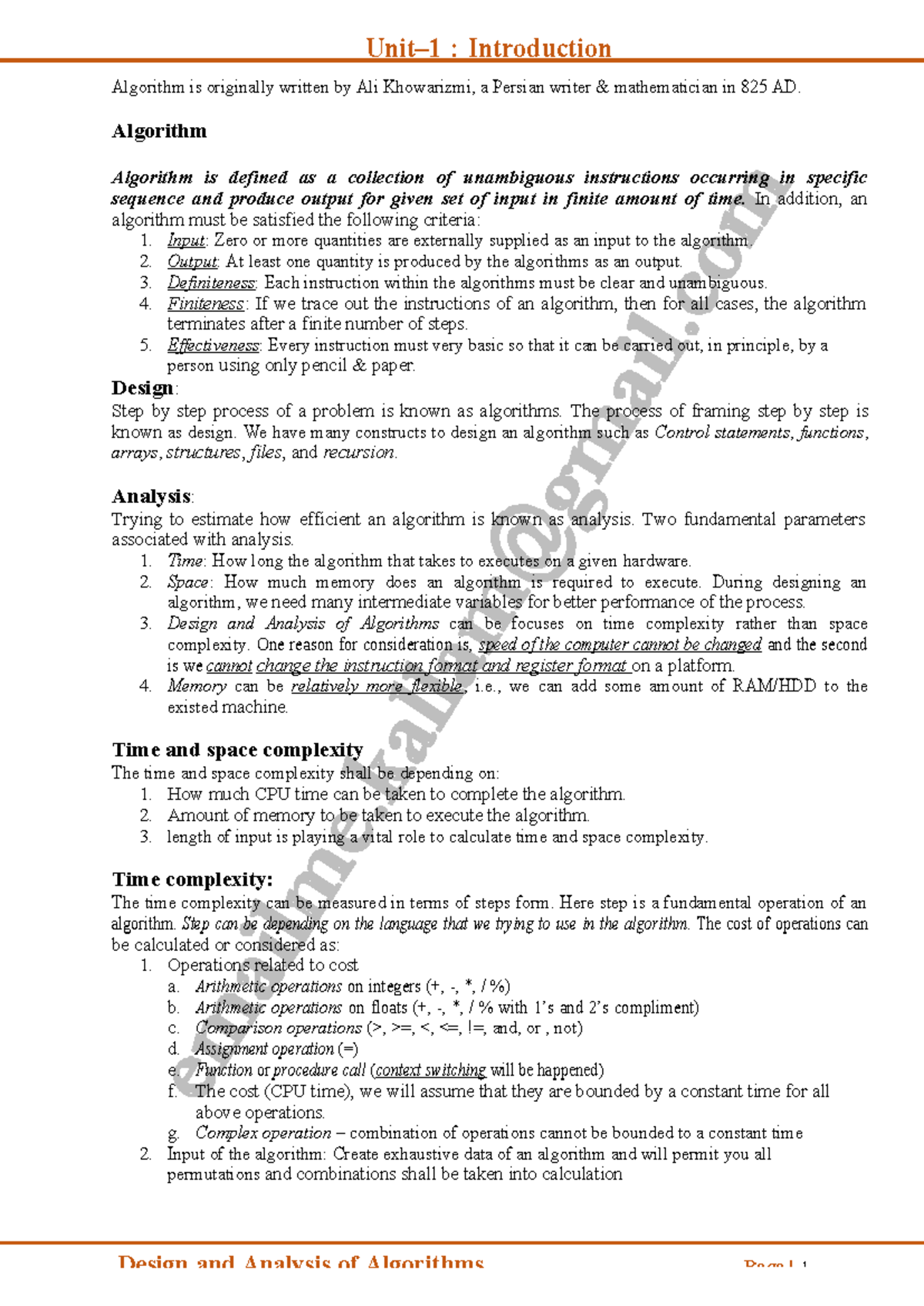 DAA Notes for Unit-1 - ####### Algorithm is originally written by Ali ...