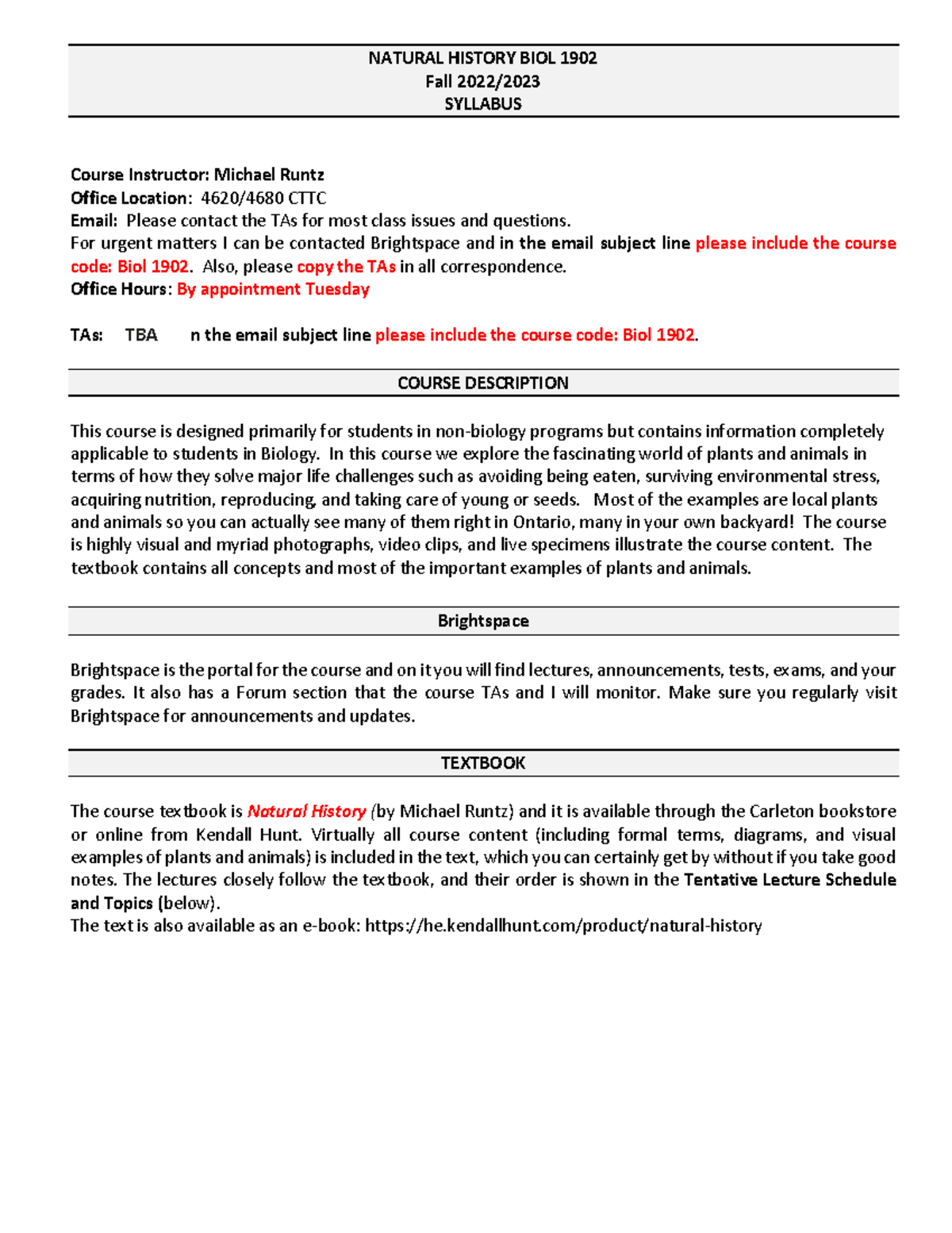 Course Outline BIOL 1902 FALL 2022 - NATURAL HISTORY BIOL 1902 Fall ...