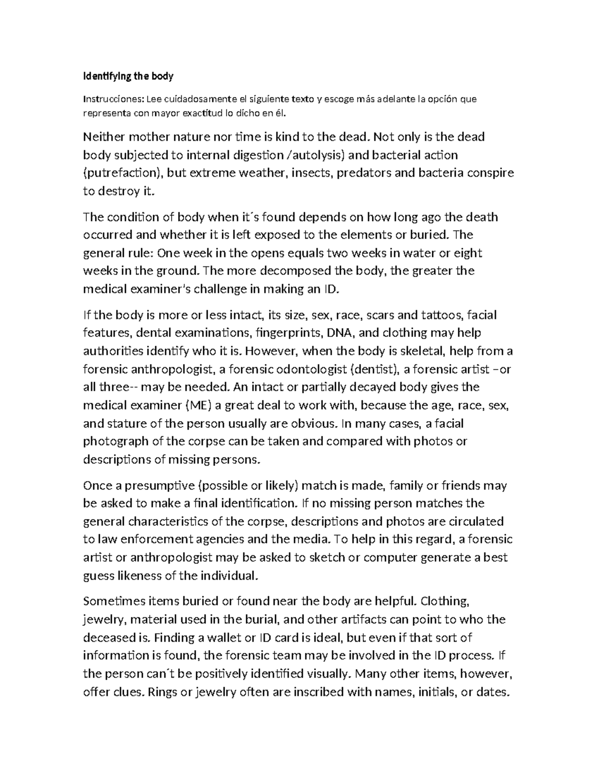 Identifying the body model test UAEM - Identifying the body ...