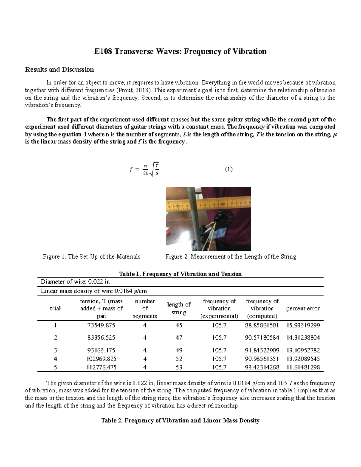 E108 Transverse Waves Frequency of Vibration Laboratory Report - E108 Transverse Waves ...