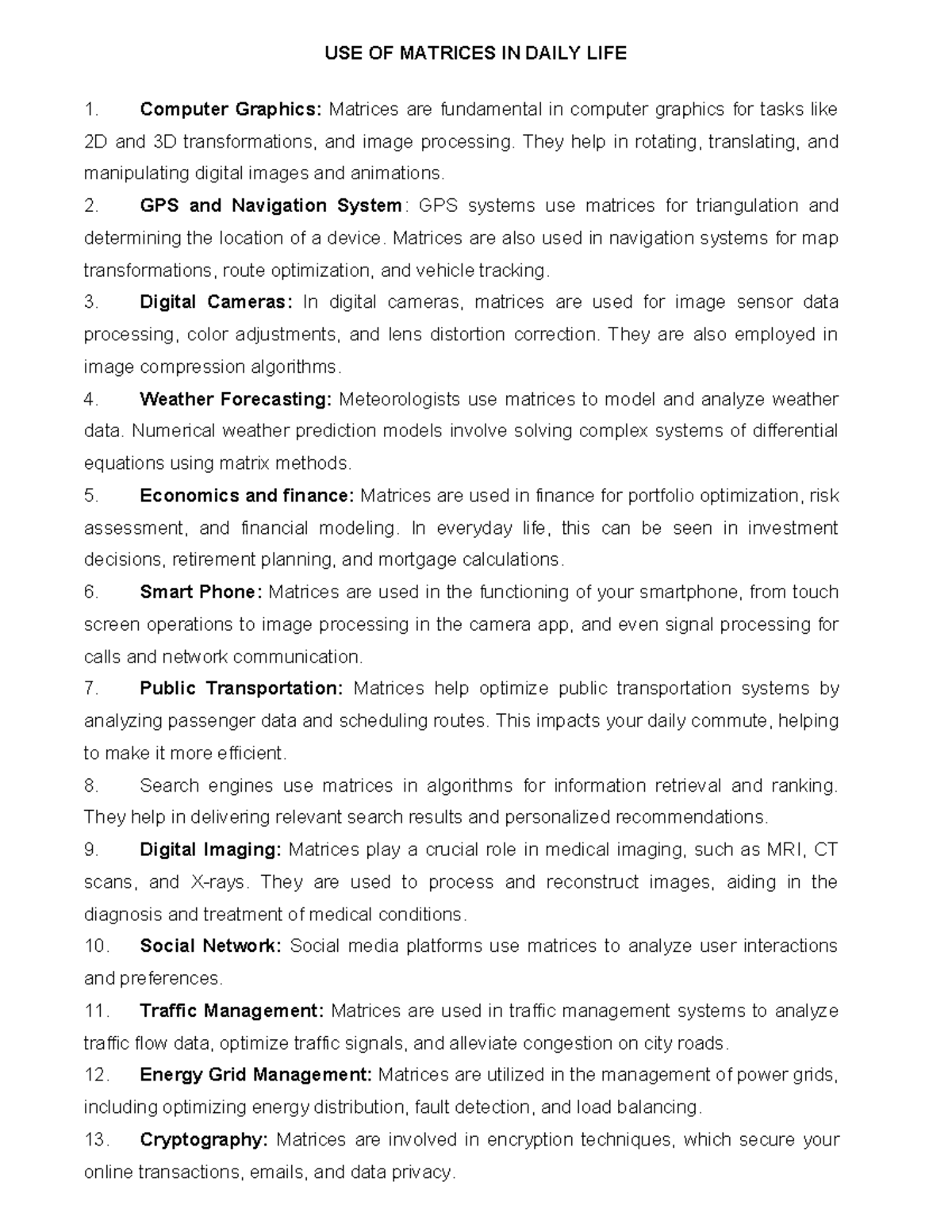 Use of matrices in daily life - USE OF MATRICES IN DAILY LIFE Computer ...