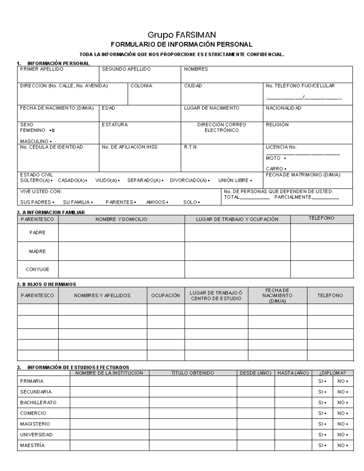 Formulario de Información Personal - 2022 - Grupo FARSIMAN FORMULARIO ...