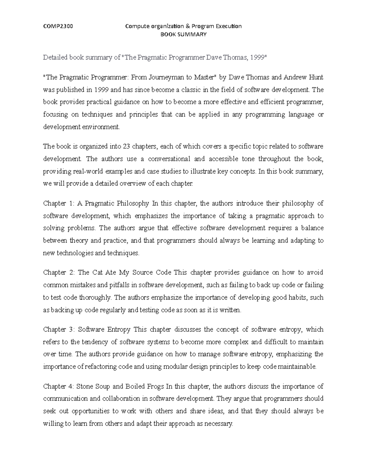 Detailed book summary of The Pragmatic Programmer Dave Thomas, 1999 ...