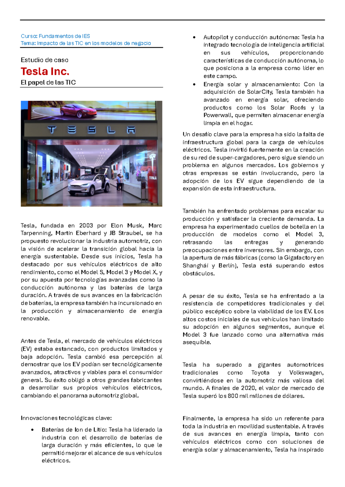 Estudio Caso seman 6 Tesla - Curso: Fundamentos de IES Tema: Impacto de ...