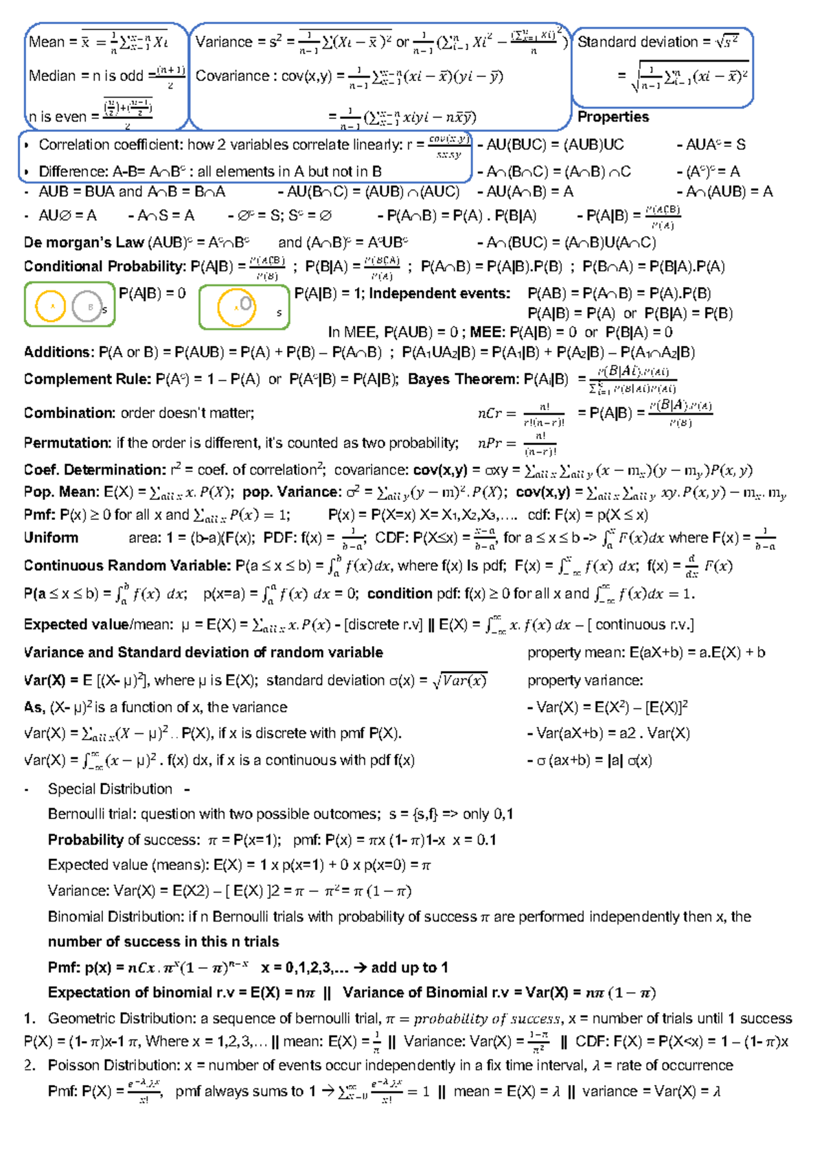 Cheat Sheet - Stats mid term - Mean = x̅ = ! " ∑ 𝑋𝚤 ...