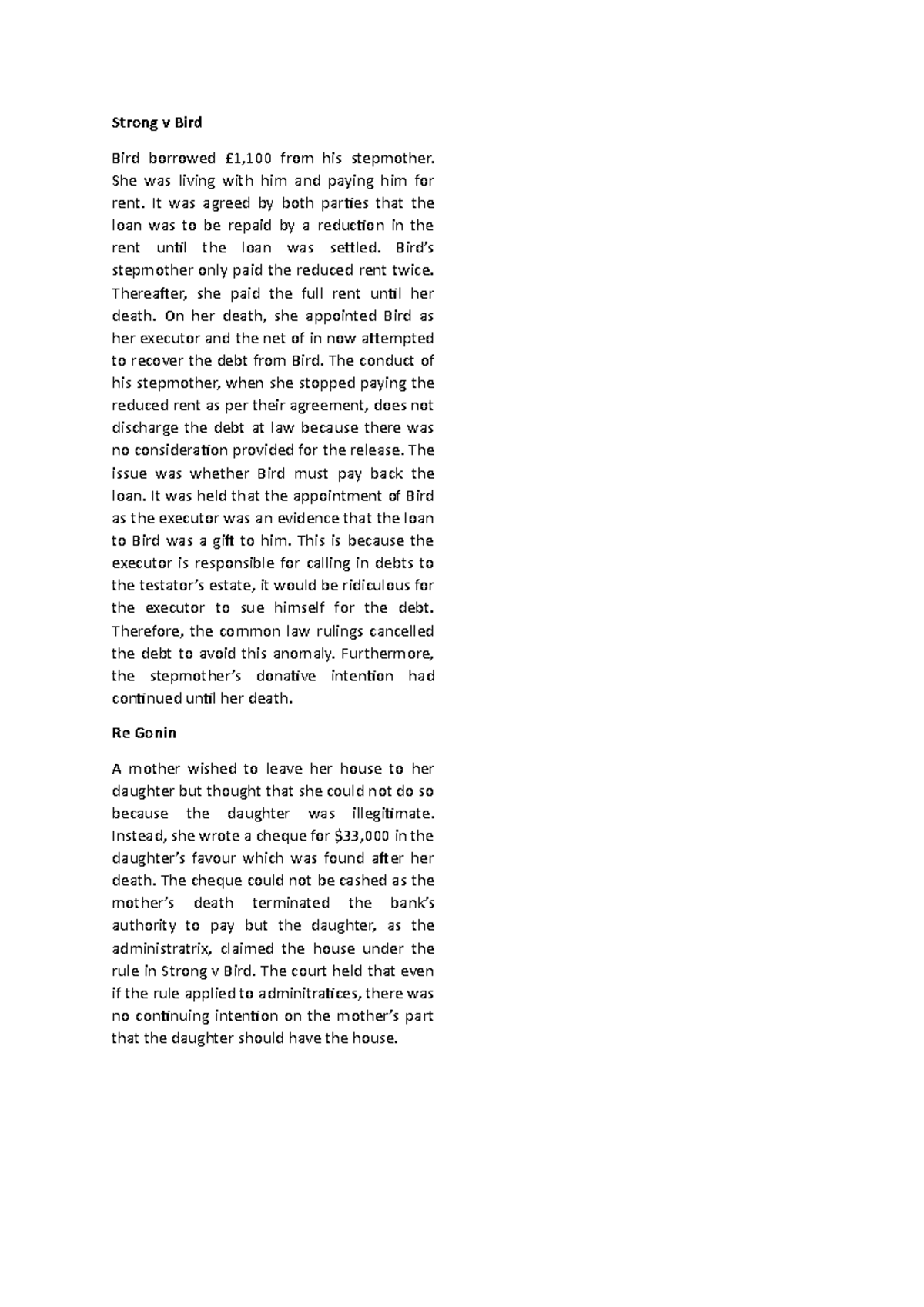 cases that are applicable to trust law - Strong v Bird Bird borrowed £ ...