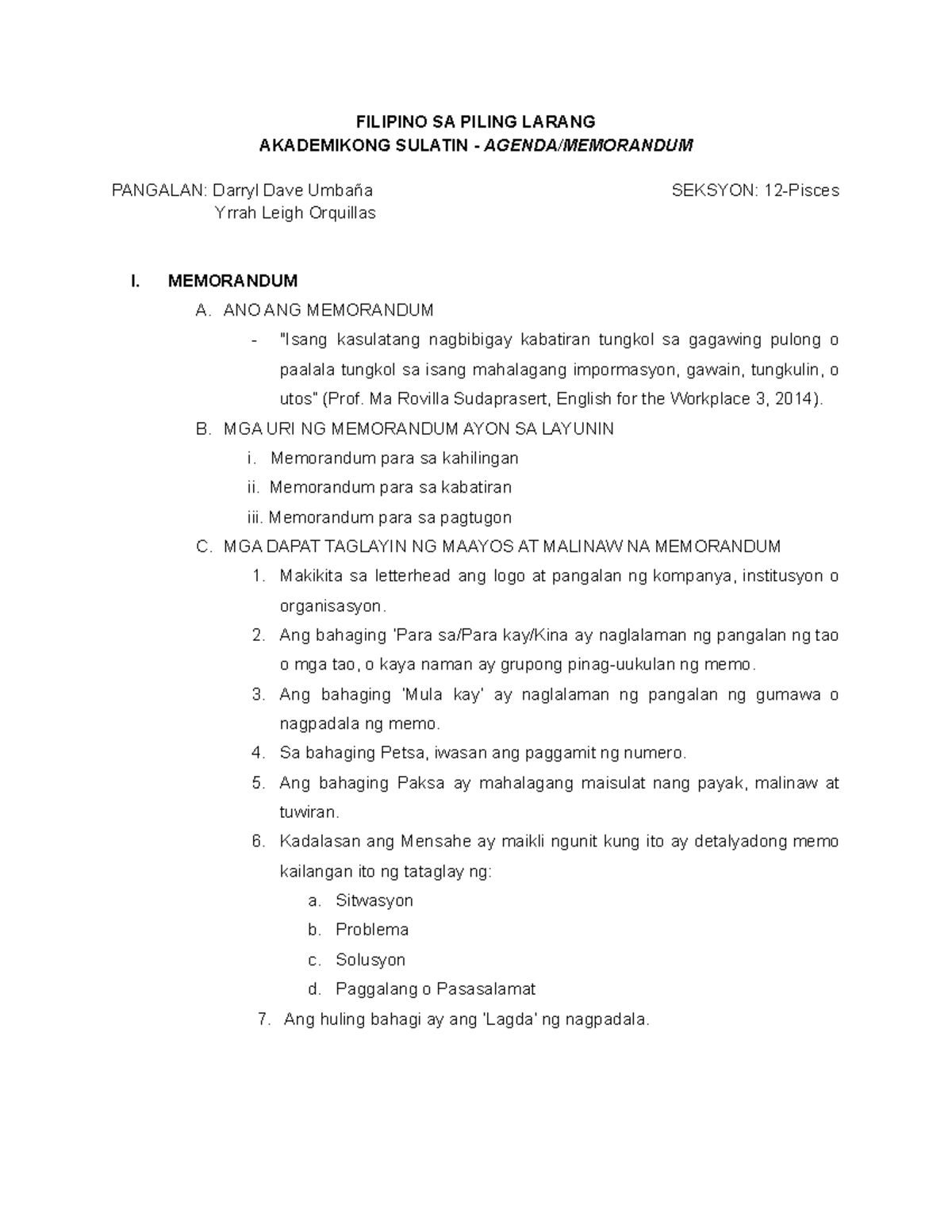 Agenda- Memorandum Outline - FILIPINO SA PILING LARANG AKADEMIKONG ...