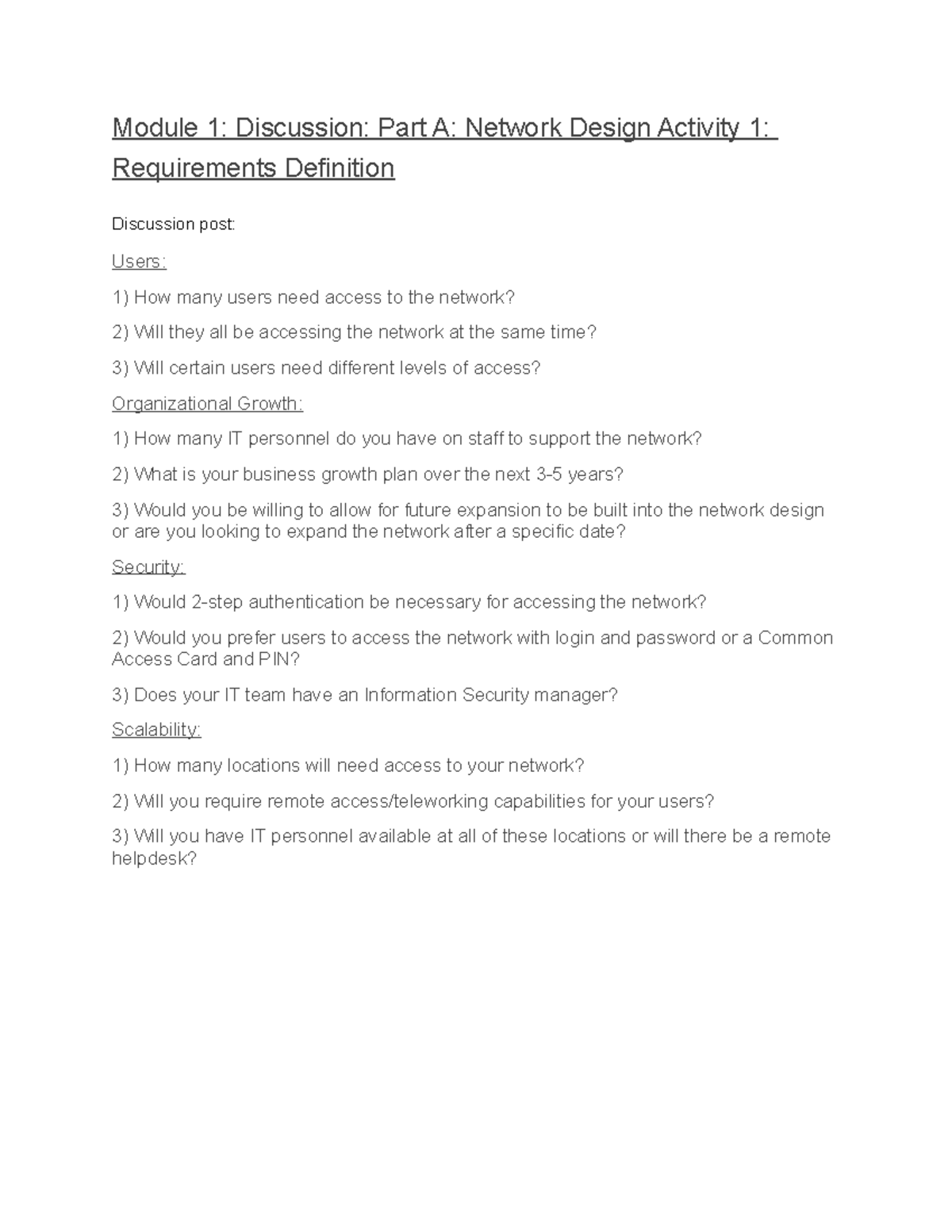 Module 1 Discussion Part A Network Design Activity 1 Requirements ...