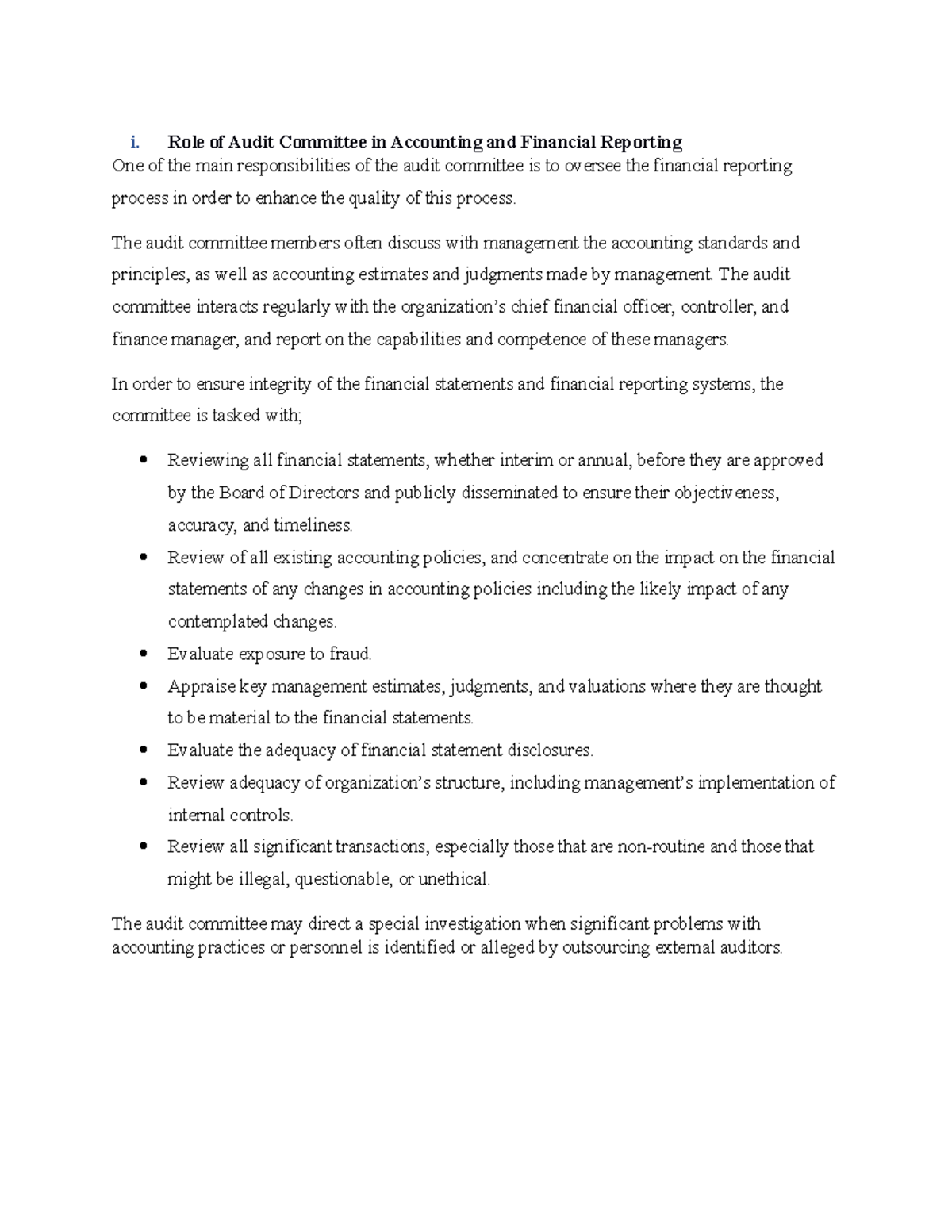 Role of Audit Committee in Accounting and Financial Reporting - i. Role ...