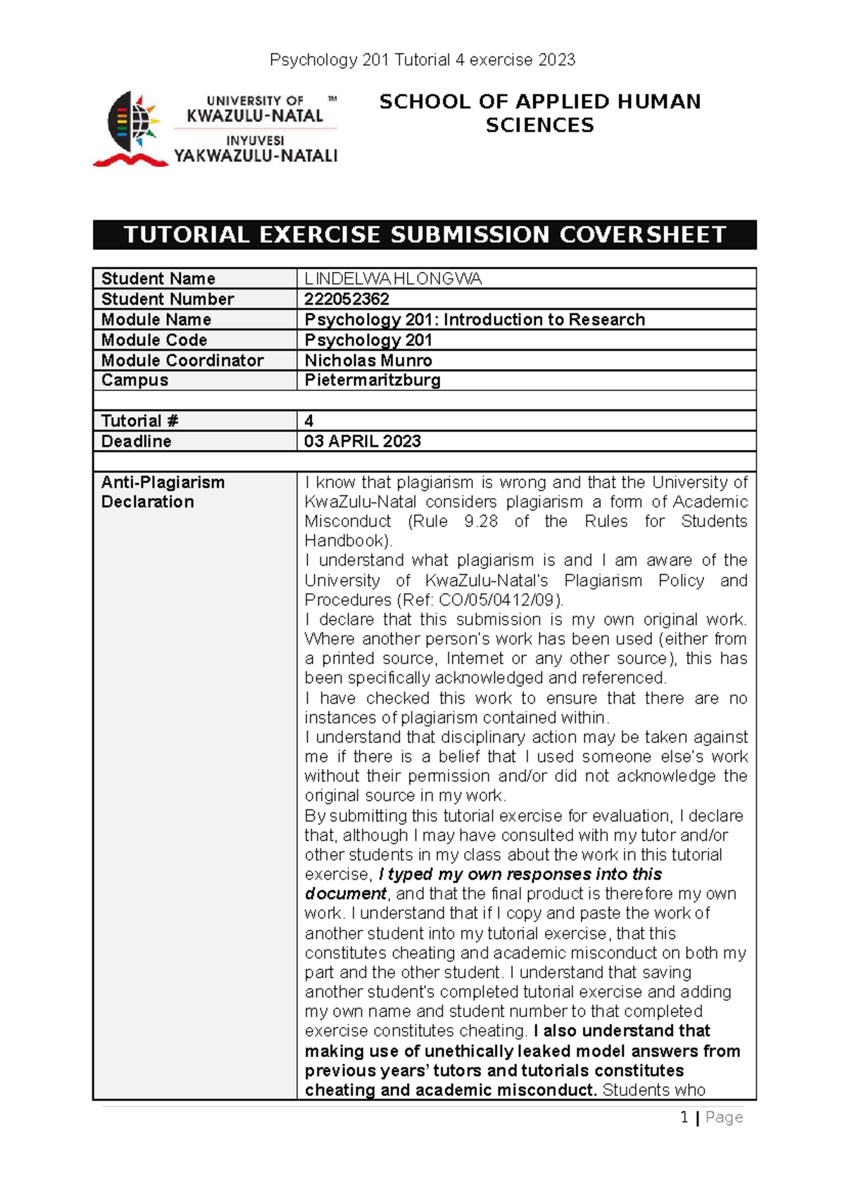 Psych 201 2023 Tut 4 - this tutorial work is not 100 percent correct, please double check before ...