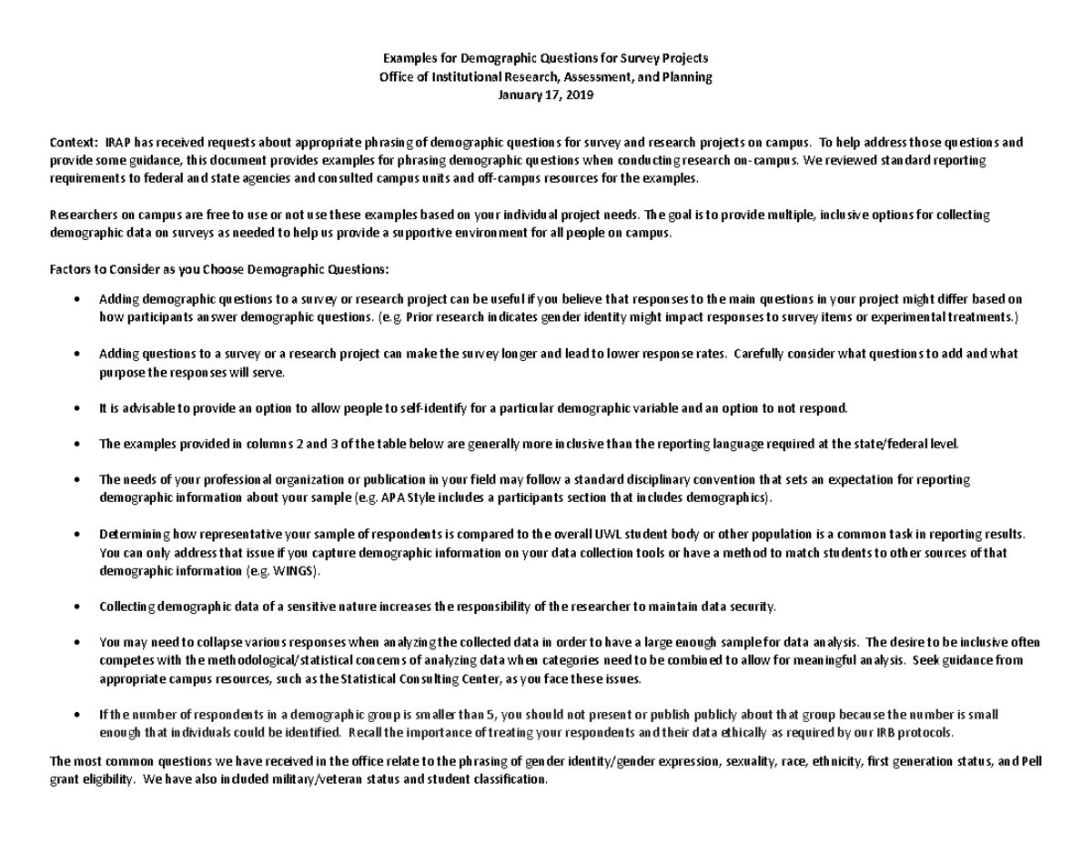 Irap demographic questions final 1 17 19 - Examples for Demographic ...