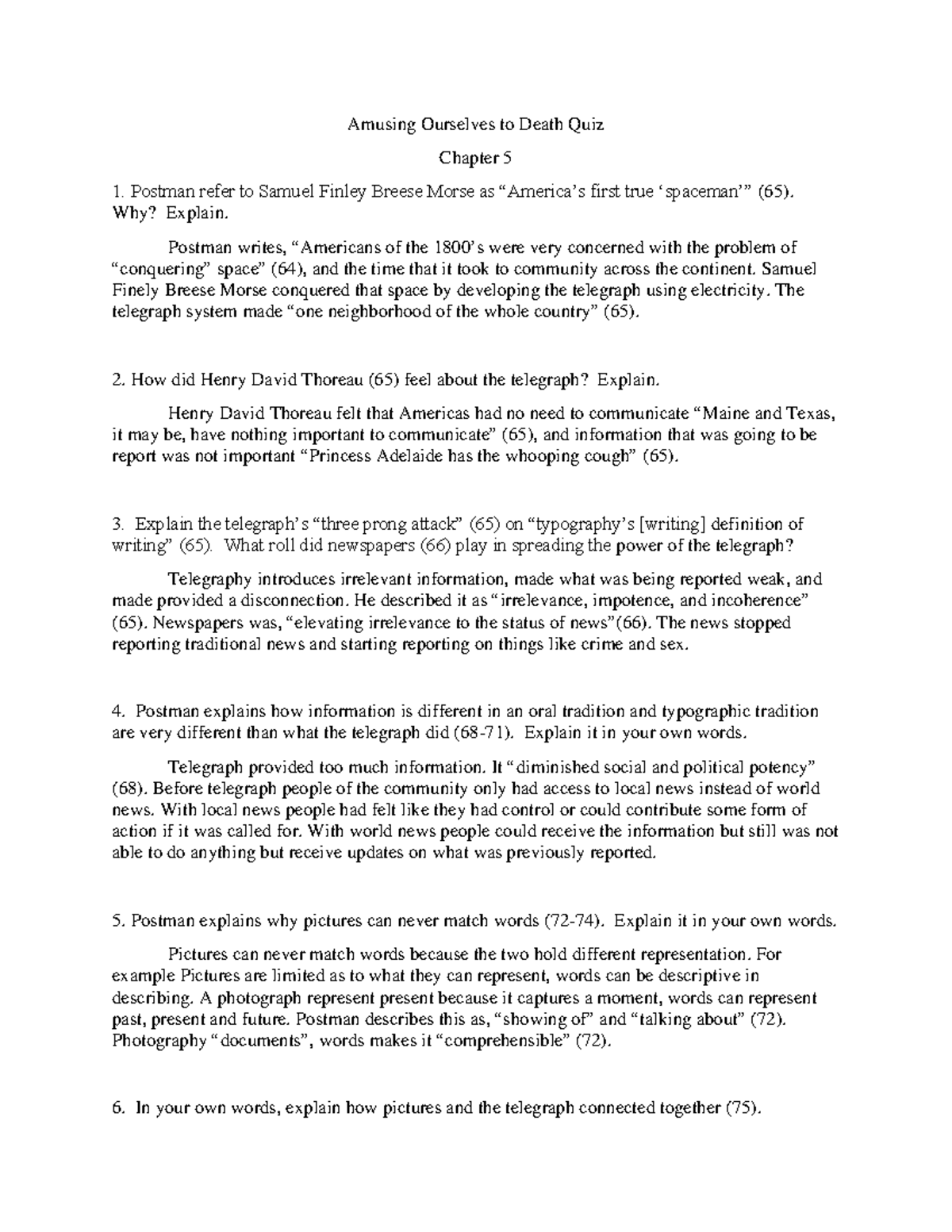 Q CH5 AOD - Reading question on Amusing Ourselves to Death. - Amusing ...