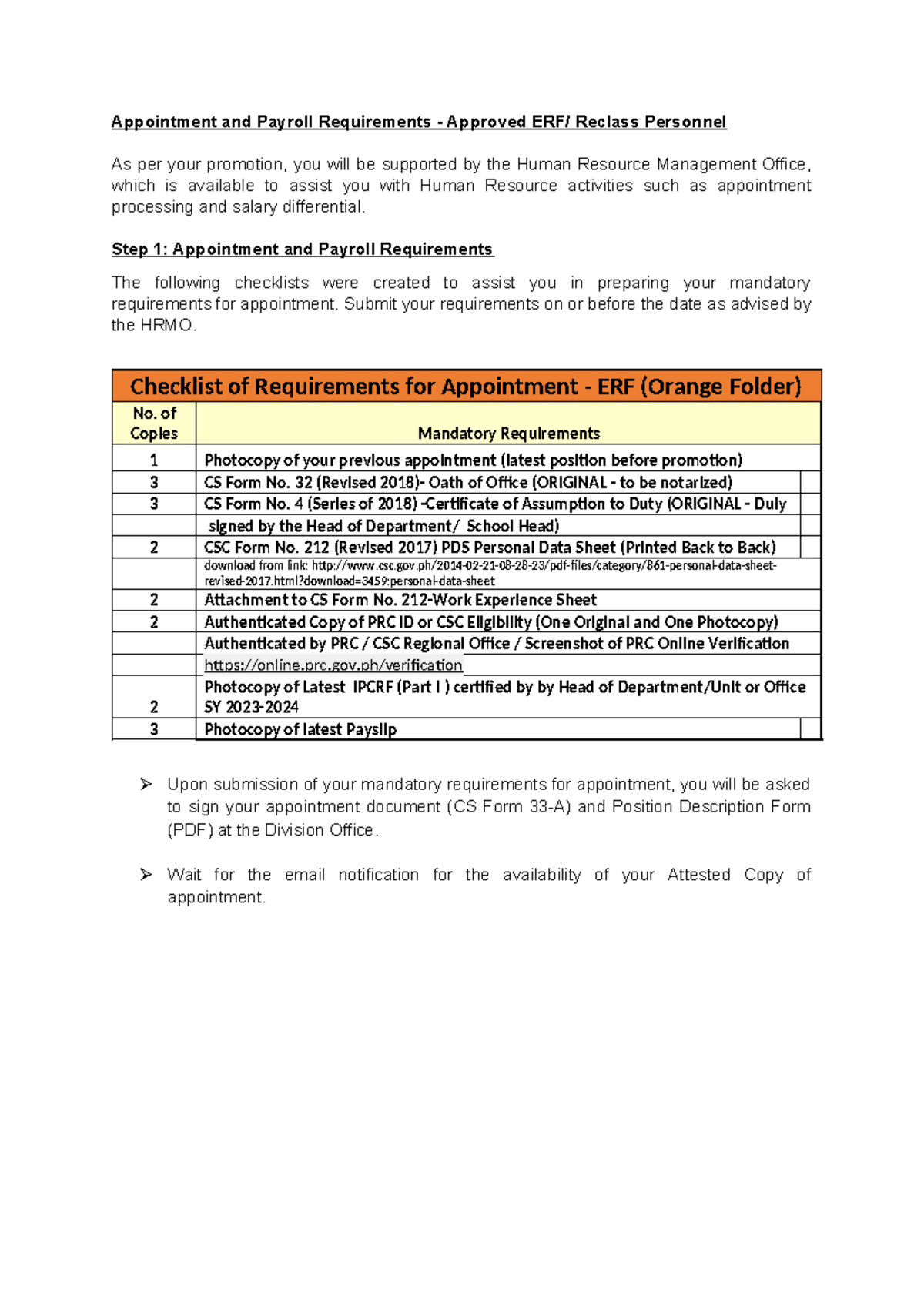Checklist (Reclass Appointment and Payroll Requirements) - Appointment ...