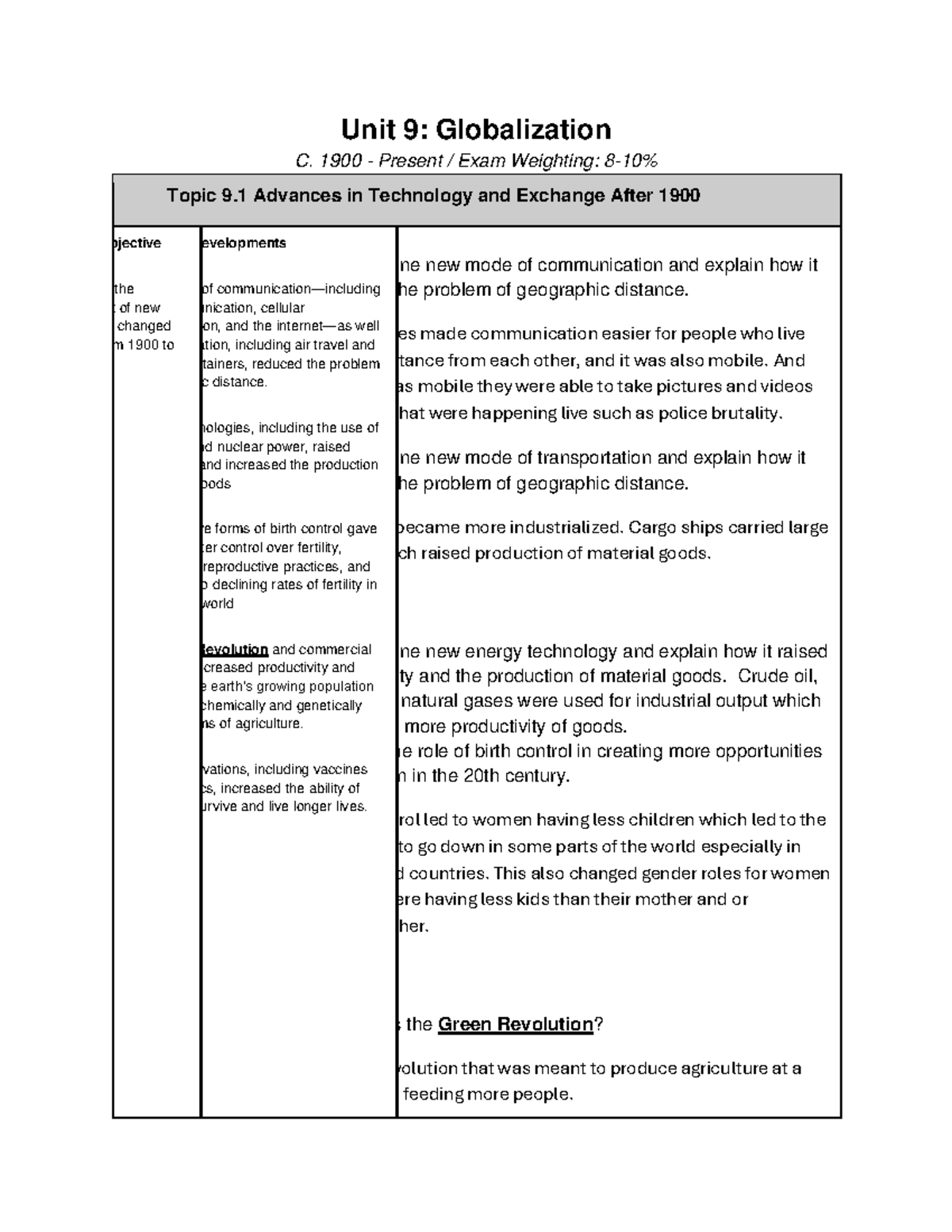 Unit 9 Globalization - ..... - Unit 9: Globalization C. 1900 - Present ...