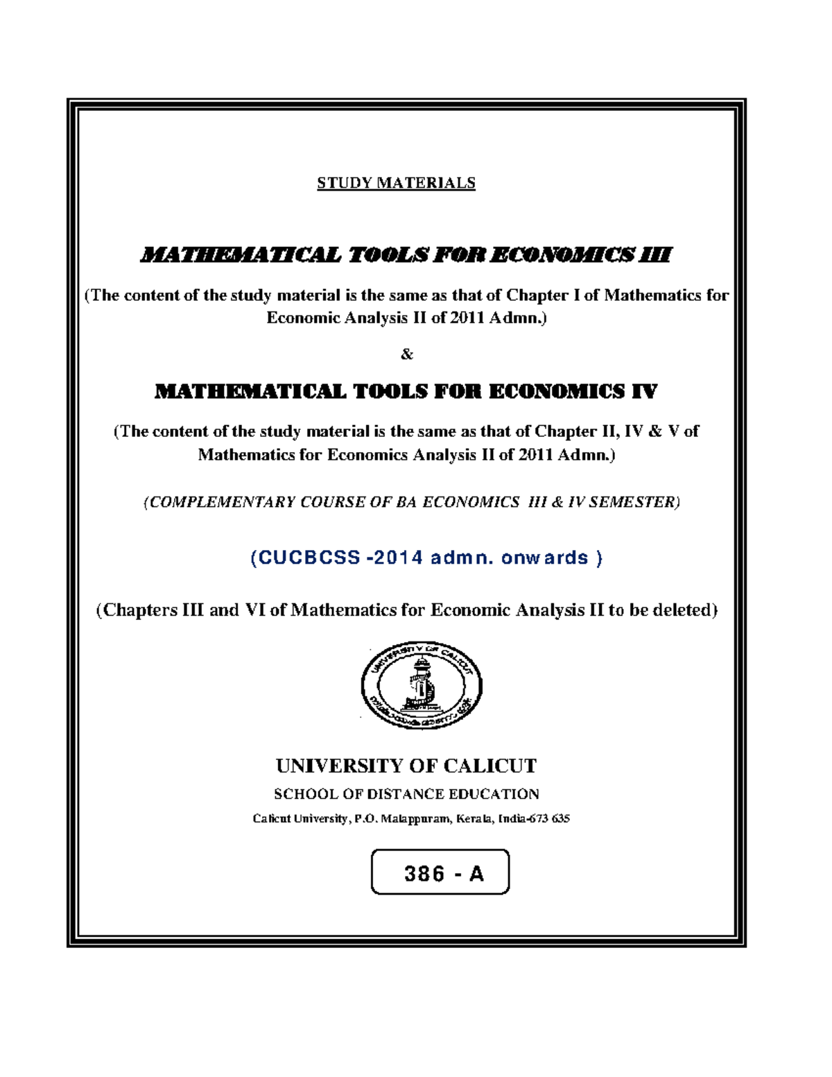 Mathematical Tool For Economics III on15June2016 - MATHEMATICAL TOOLS FOR ECONOMICS III (The ...