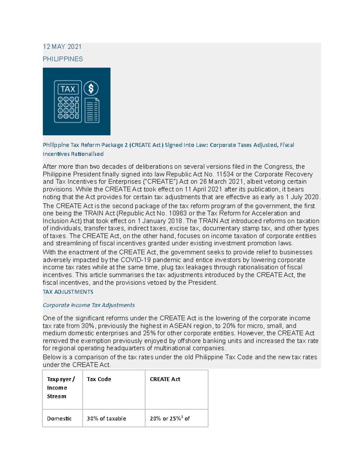 Create LAW - Taxation - 12 MAY 2021 PHILIPPINES Philippine Tax Reform ...