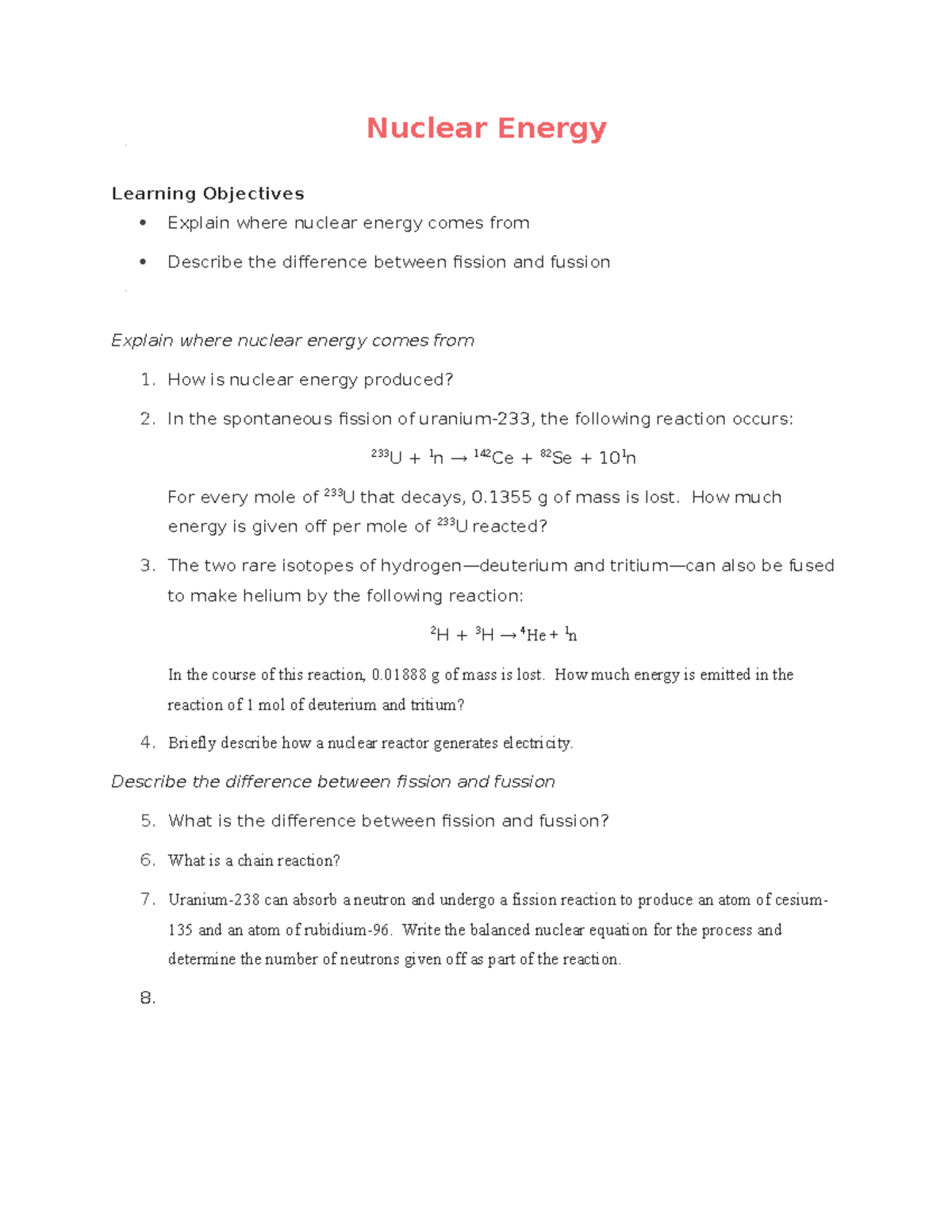 Section 11.5 Worksheet - Nuclear Energy Learning Objectives Explain ...