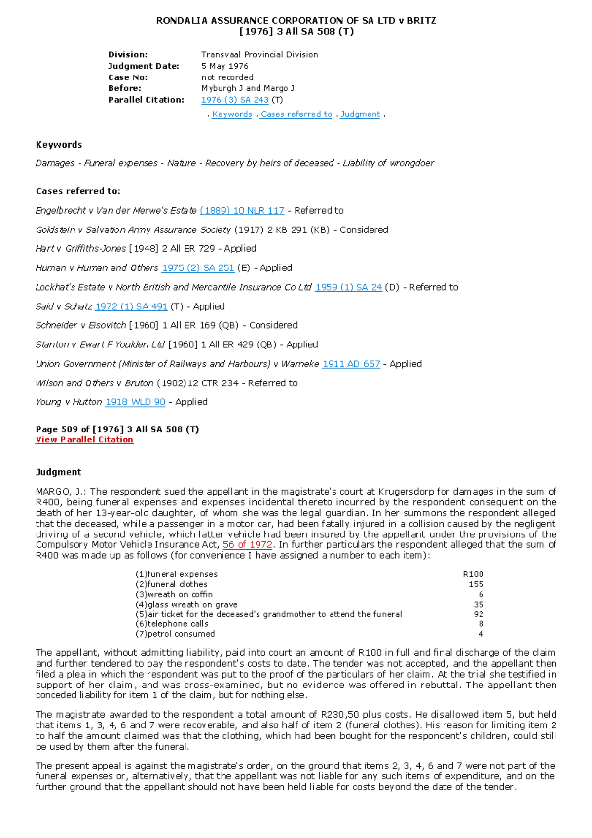 Rondalia Assurance Corporation OF SA LTD v Britz [1976] 3 All SA 508 (T ...