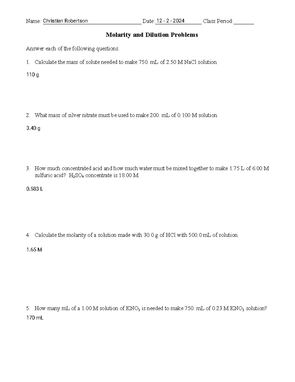 Molarity and Dilution problems - Name ...