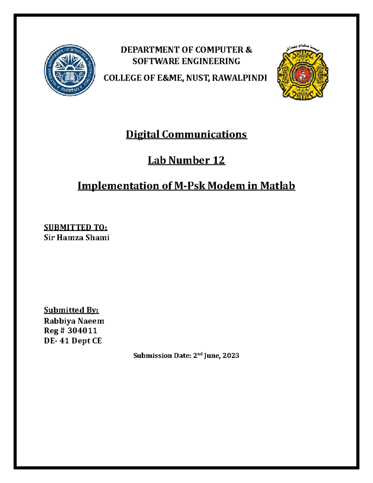 DC Lab 12 - Lab work - DEPARTMENT OF COMPUTER & SOFTWARE ENGINEERING COLLEGE OF E&ME, NUST ...