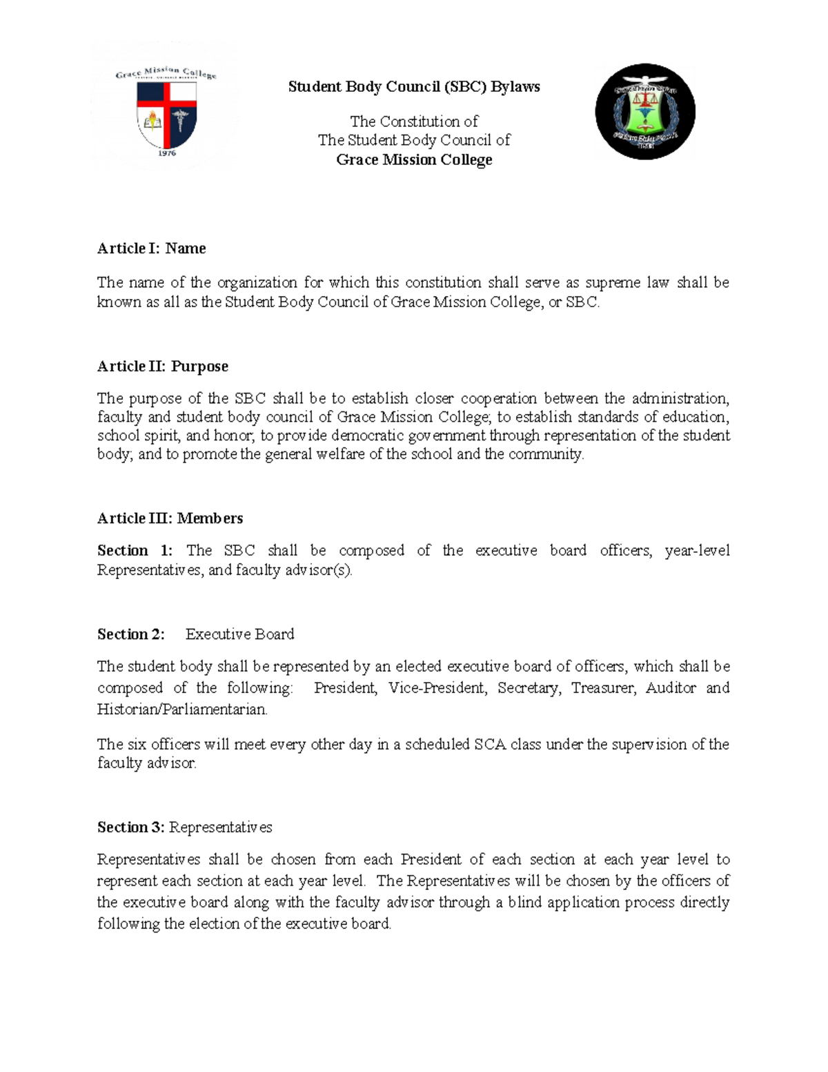 Student Body By Laws - Student Body Council (SBC) Bylaws The ...