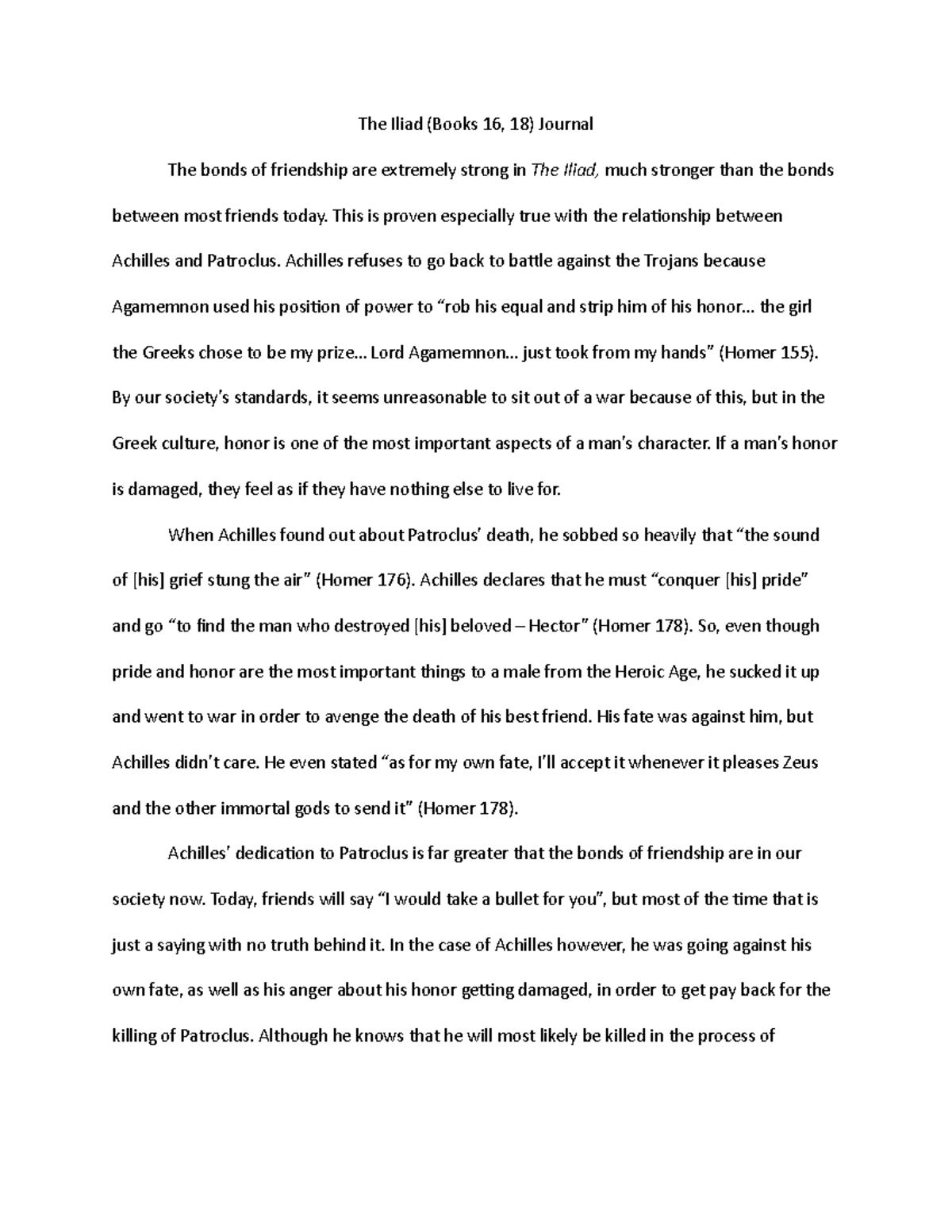 Summary Selections From Homer's Iliad - The Iliad (Books 16, 18 ...