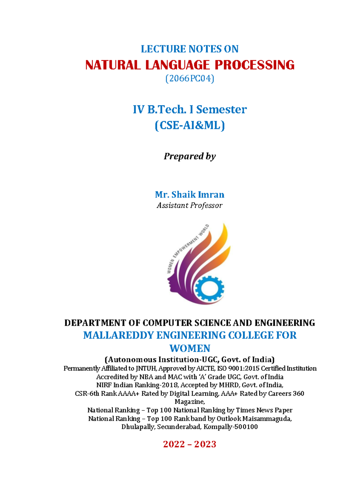 NLP Digital Notes - LECTURE NOTES ON NATURAL LANGUAGE PROCESSING ...