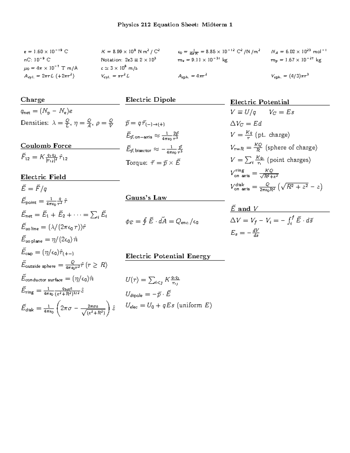Equation Sheet p212 fall2024 Midterm 1 - Physics 212 Equation Sheet ...