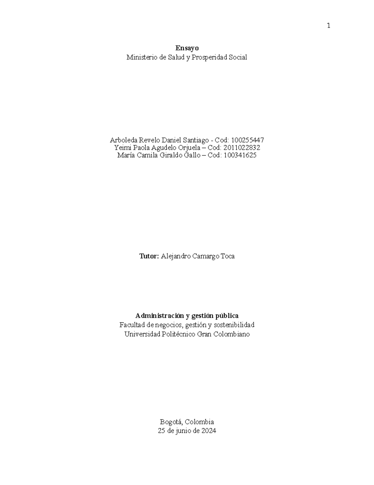 Entrega final lista - Ensayo Ministerio de Salud y Prosperidad Social Arboleda Revelo Daniel ...