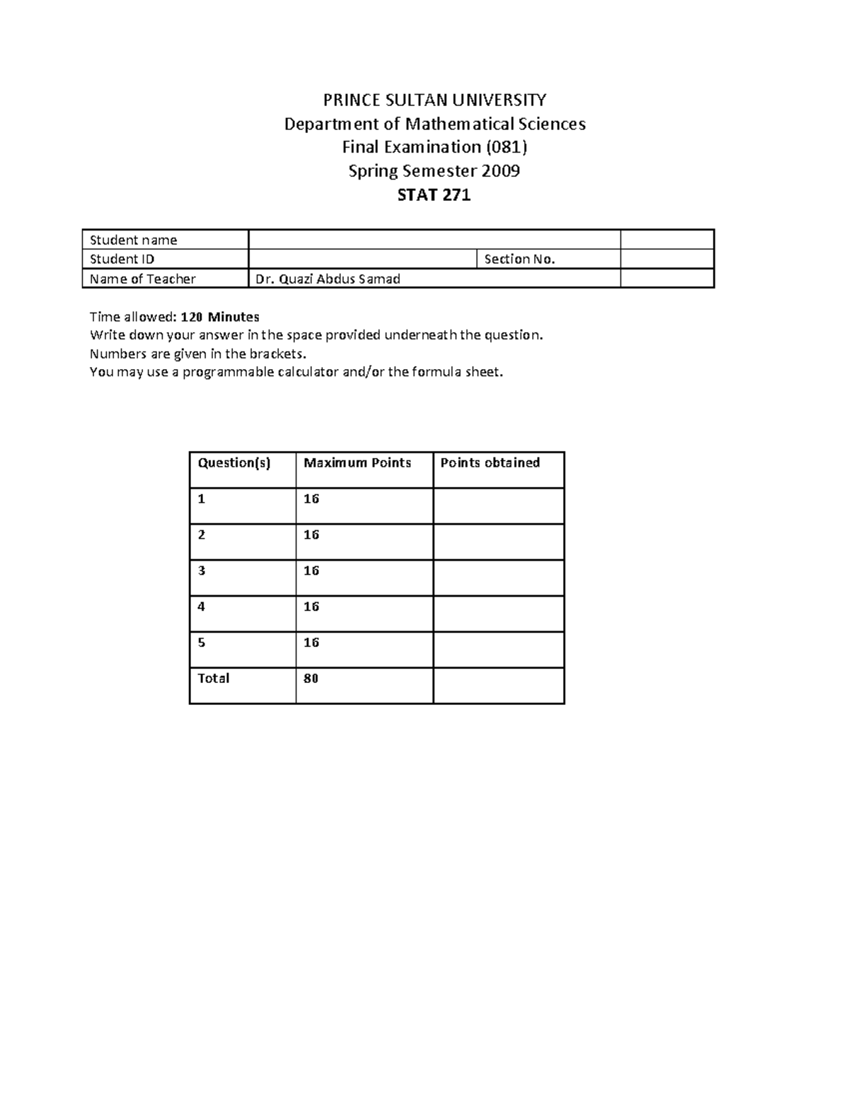 Stat271-final-081 - final exam - PRINCE SULTAN UNIVERSITY Department of ...