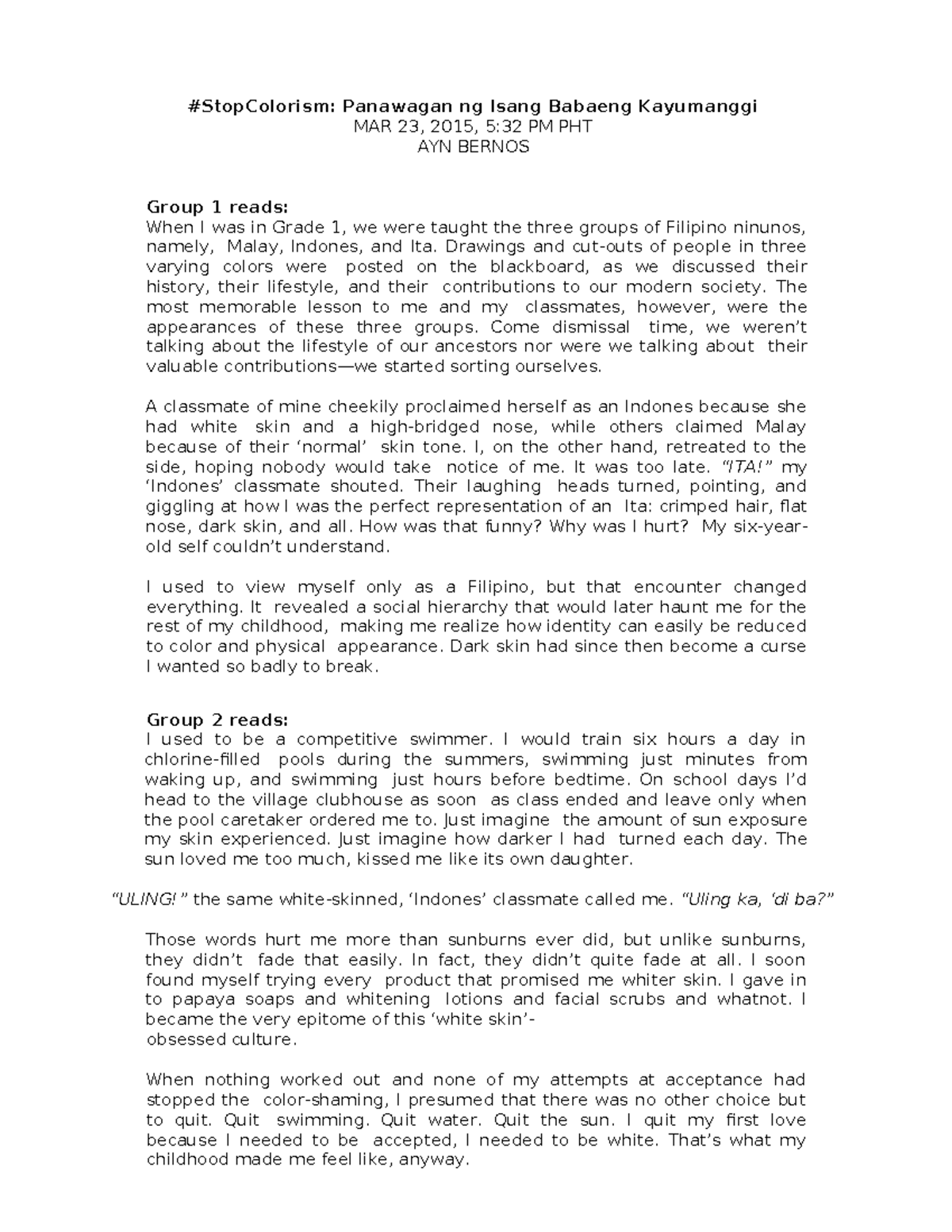 Stop-Colorism Article - #StopColorism: Panawagan ng Isang Babaeng ...