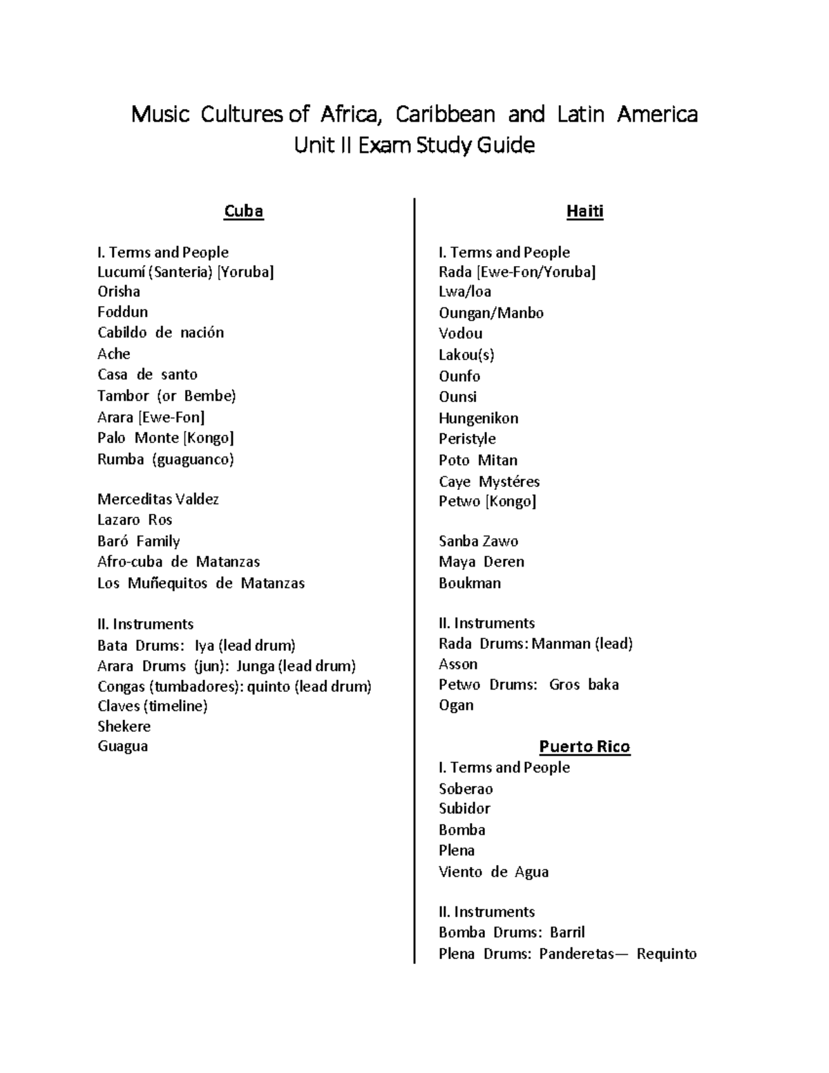 MUS 112 Exam 2 Study Guide - Music Cultures of Africa, Caribbean and ...