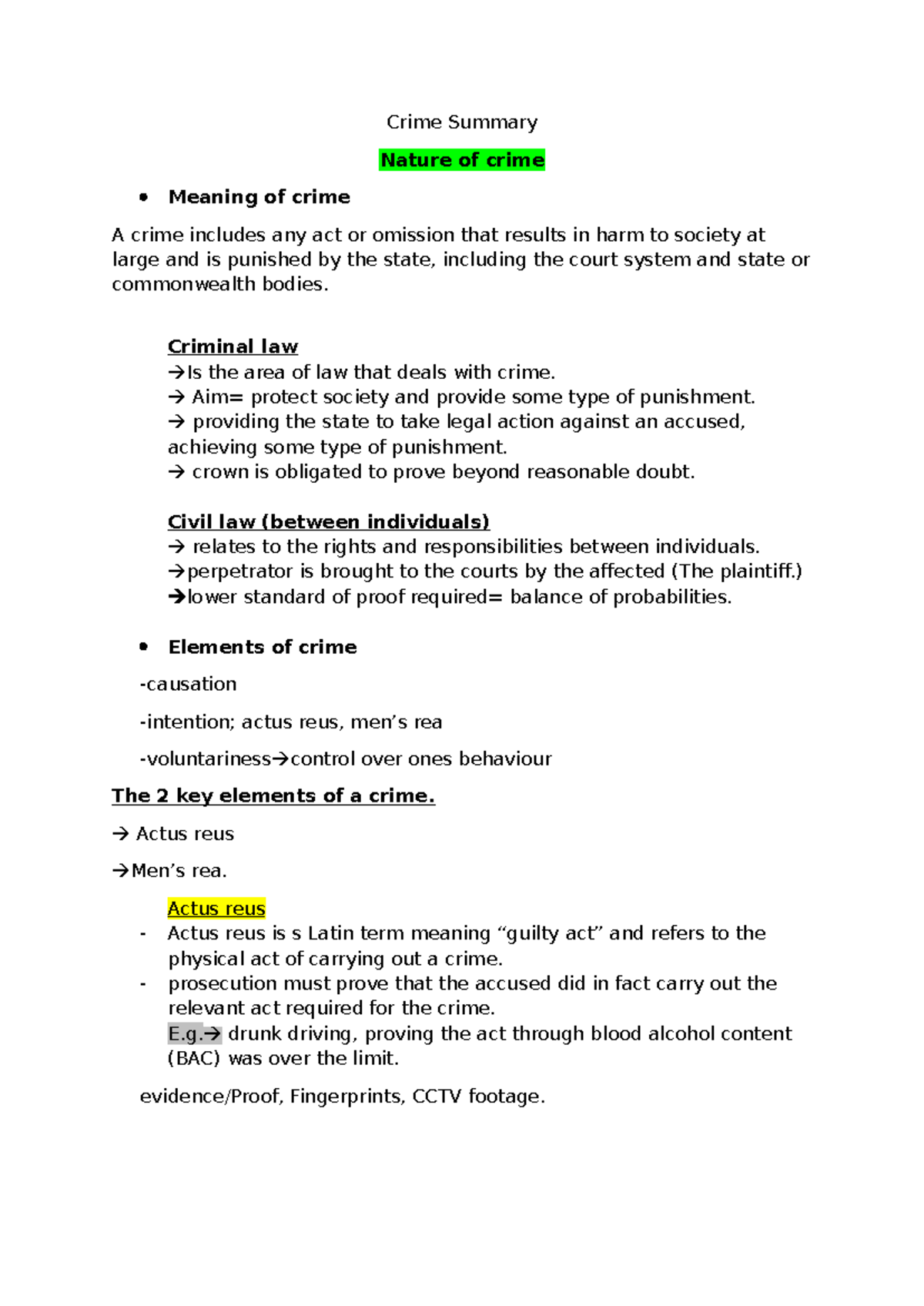 Crime Summary - Crime Summary Nature of crime Meaning of crime A crime ...