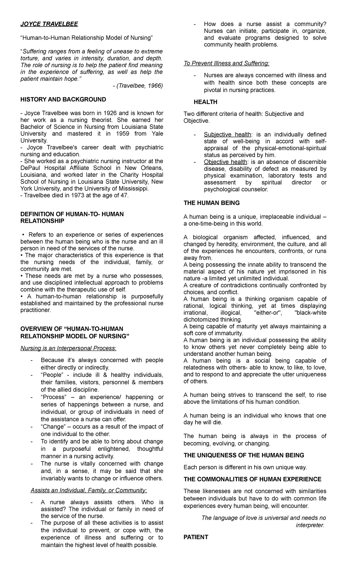 Joyce Travelbee - For nursing students - JOYCE TRAVELBEE “Human-to ...