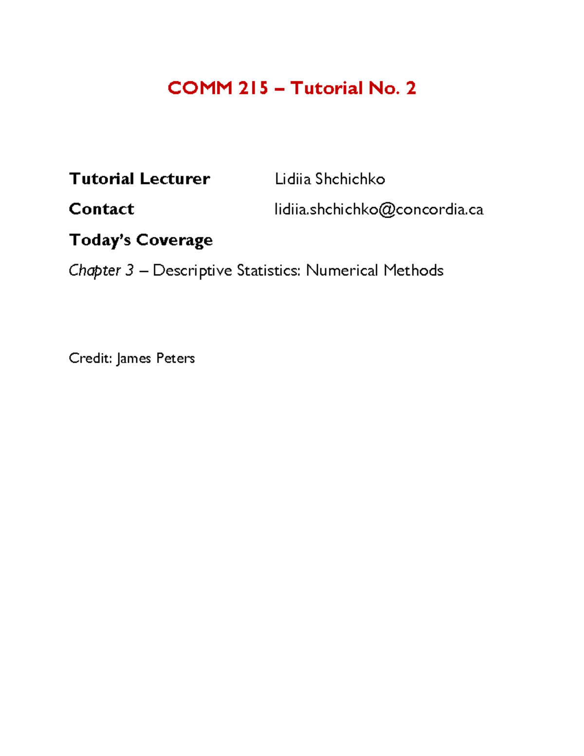Tutorial 2 ΓÇô Questions copy - COMM 215 – Tutorial No. 2 Tutorial ...