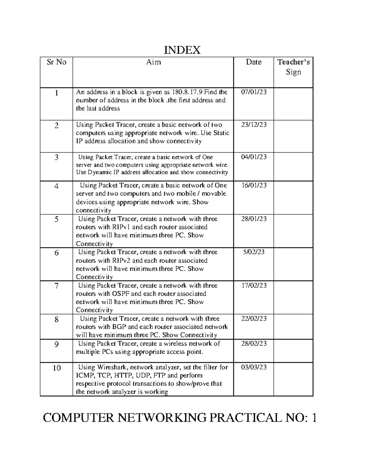 CN Journal - all the practical of computer network - INDEX Sr No Aim Date Teacher’s Sign 1 An ...