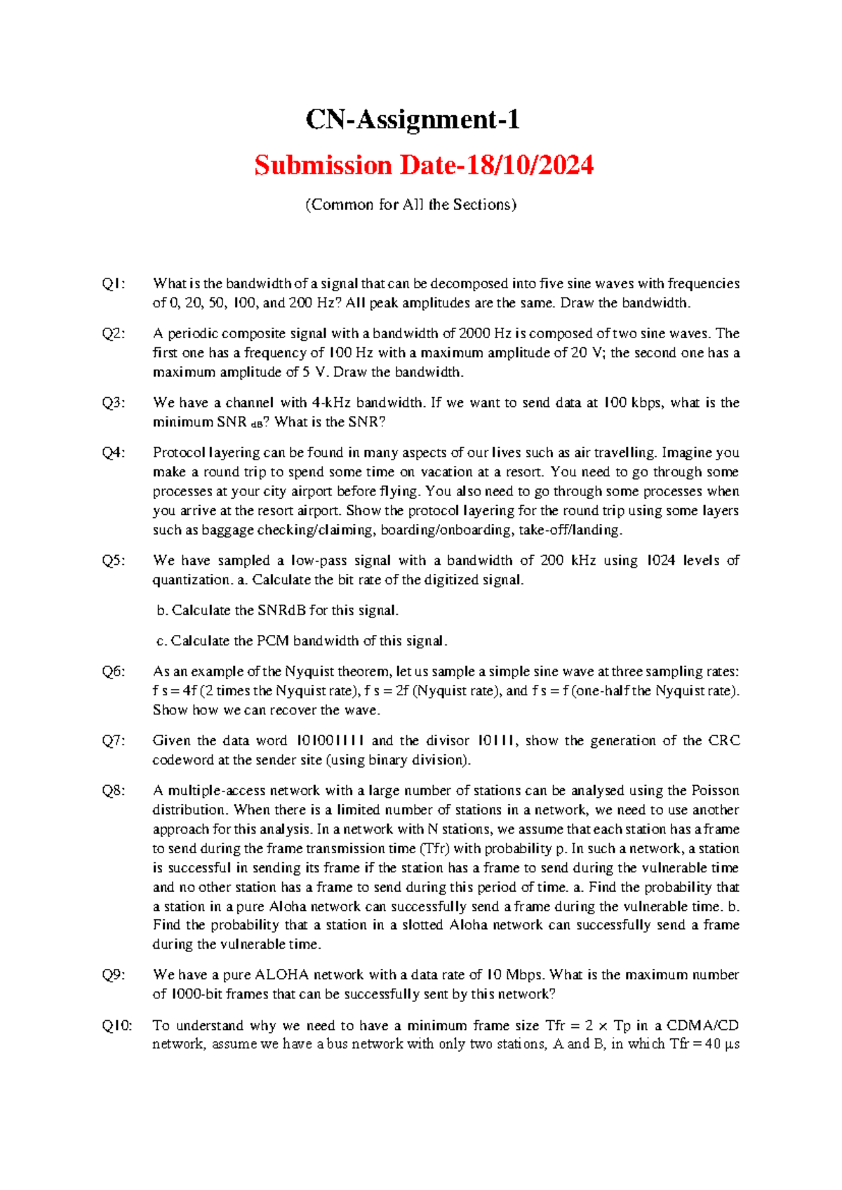 CN Assignment-all sections - CN-Assignment- 1 Submission Date-18/10/ (Common for All the ...