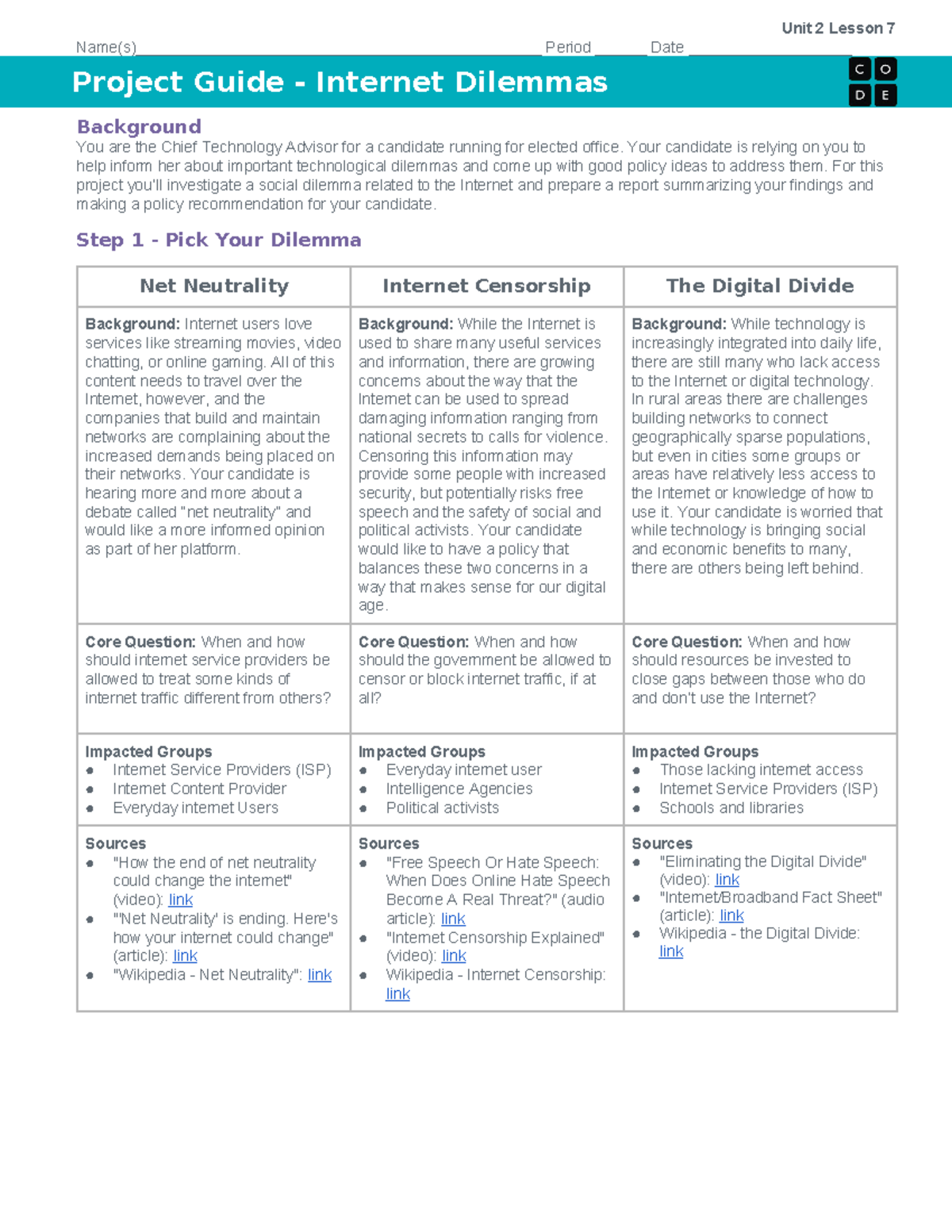 (Submit) Project Guide - Internet Dilemmas - Unit 2 Lesson 7 - - Studocu