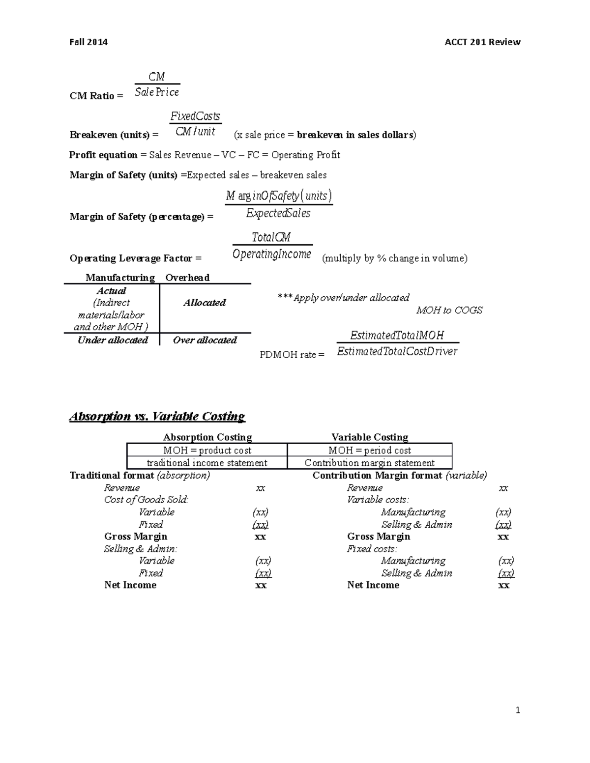 ACCT 201 Final Study Guide 1 - Fall 2014 ACCT 201 Review CM CM Ratio ...