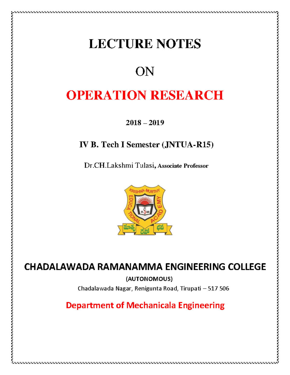 OR Notes - LECTURE NOTES ON OPERATION RESEARCH 2018 – 2019 IV B. Tech I ...