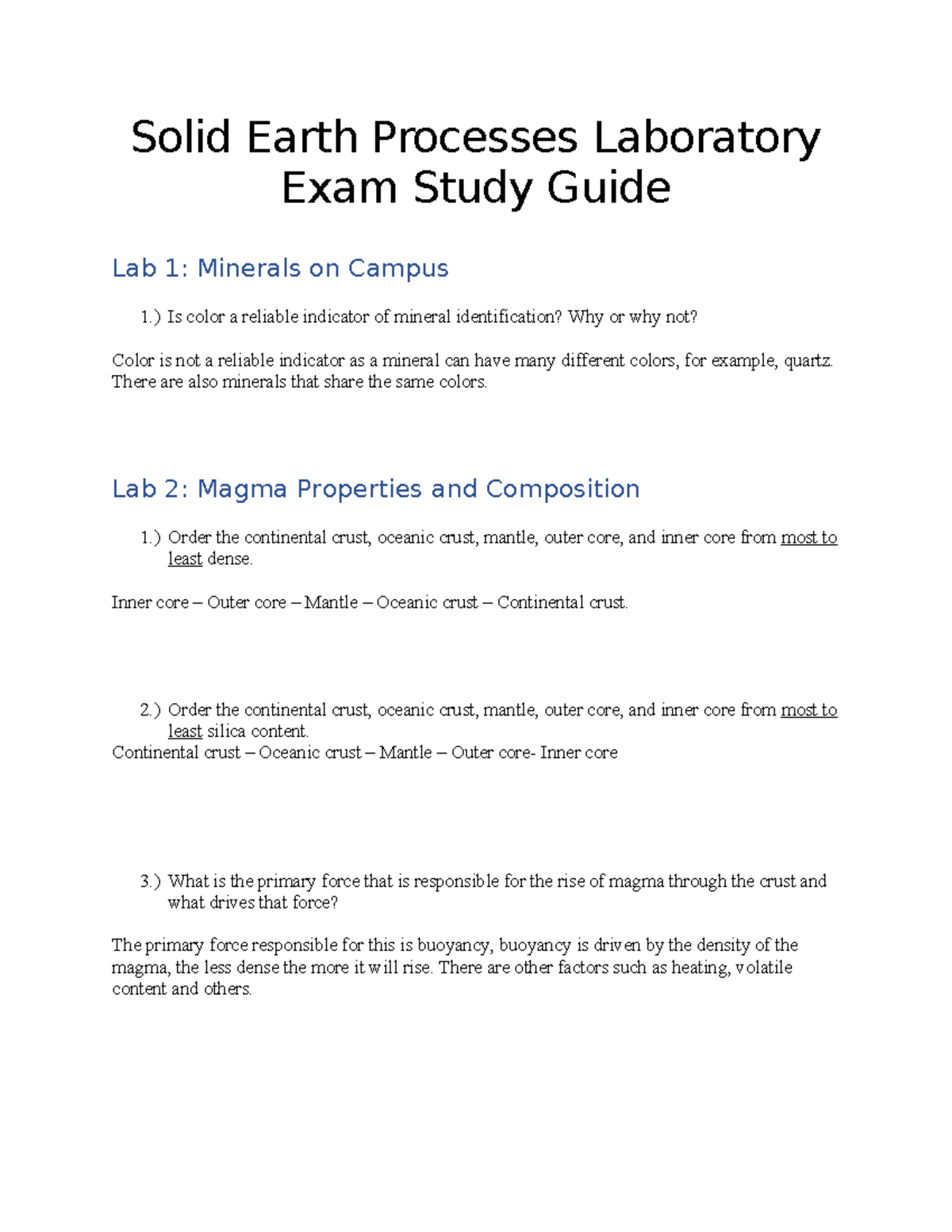 Solid Earth Processes Lab Exam Study Guide - Solid Earth Processes ...