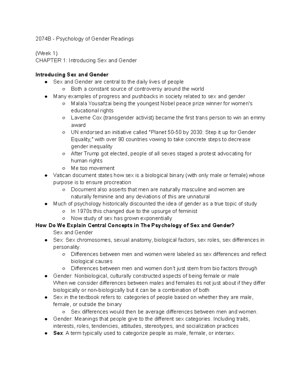 2074 Readings 2074b Psychology Of Gender Readings Week 1 Chapter 1 Introducing Sex And