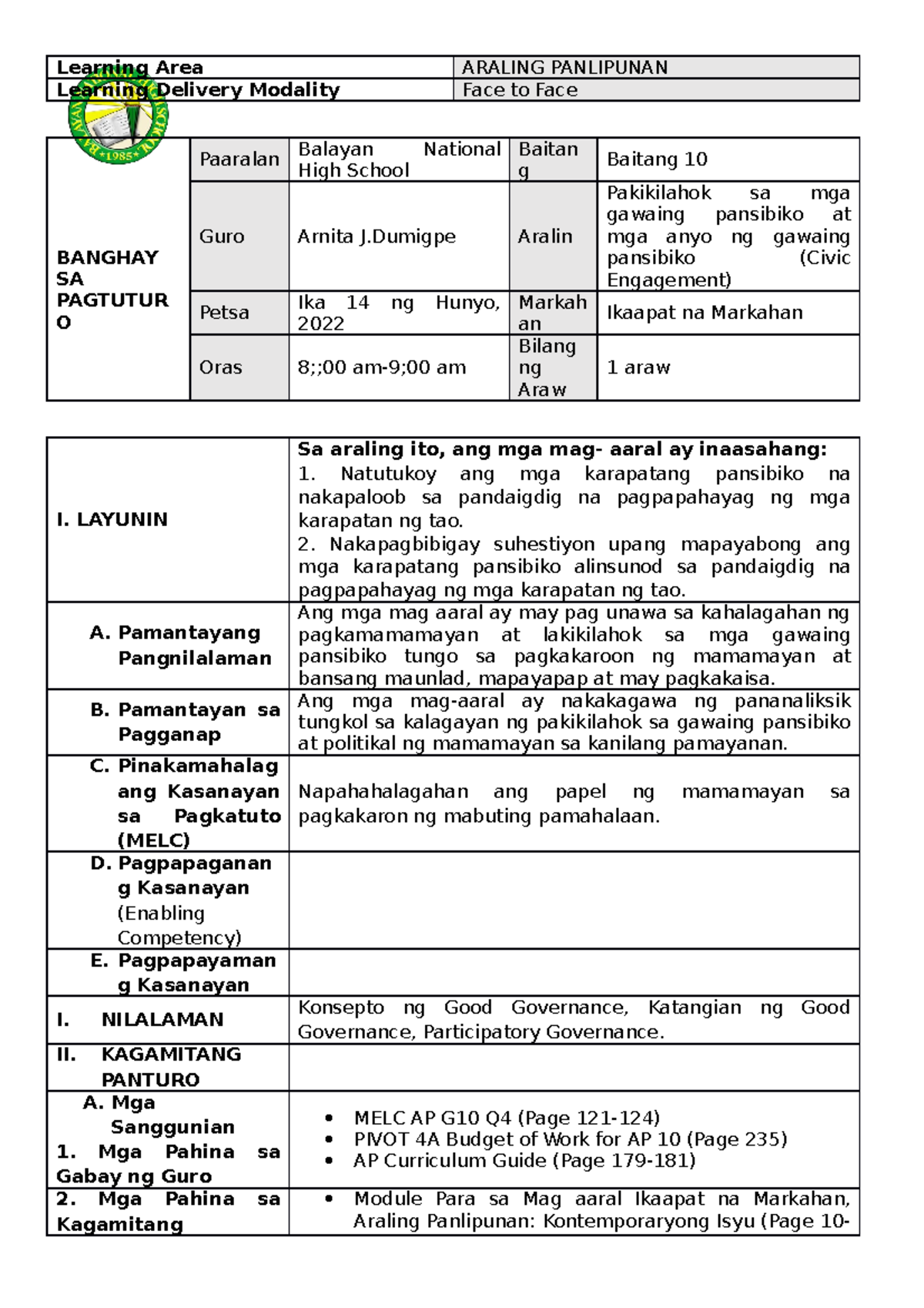 Civic Engagement Lesson Plan - Learning Area ARALING PANLIPUNAN ...