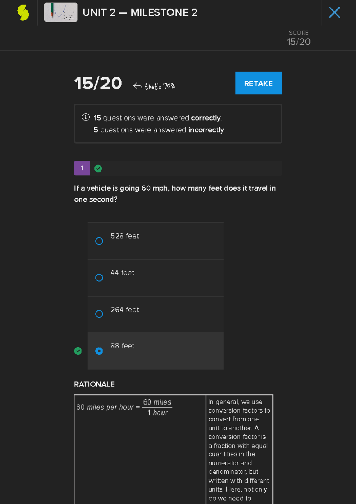 Sophia Welcome 2 - 1 15/20 that's 75% RETAKE 15 questions were answered ...