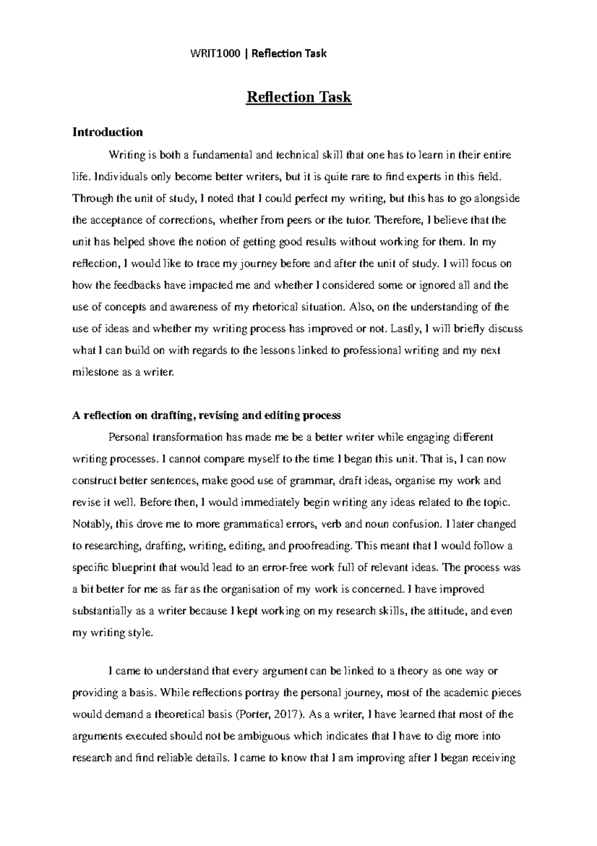 Reflection - Grade: 10 - Reflection Task Introduction Writing is both a ...