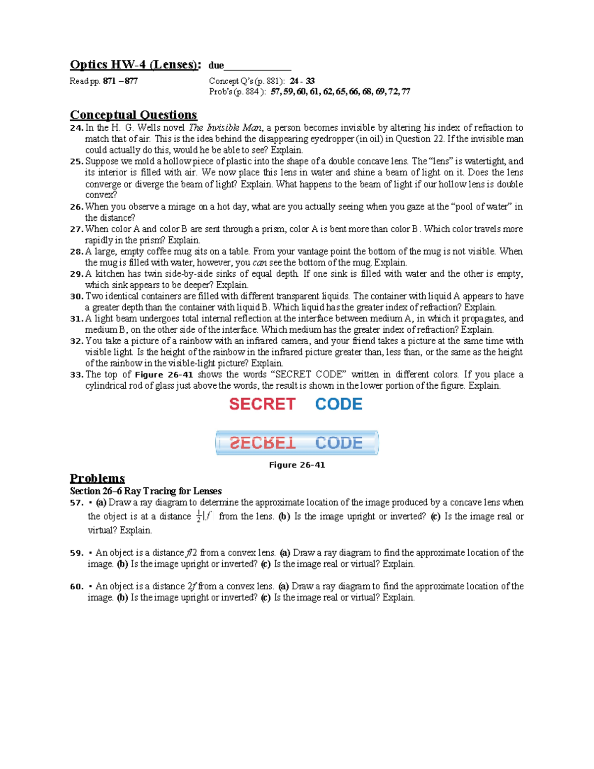 AP Optics HW-4 - Optics HW-4 (Lenses): due______________ Read pp. 871 ...