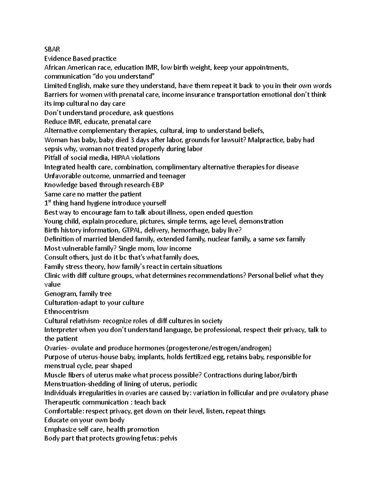 Exam 1 Review - exam 1 - SBAR Evidence Based practice African American ...