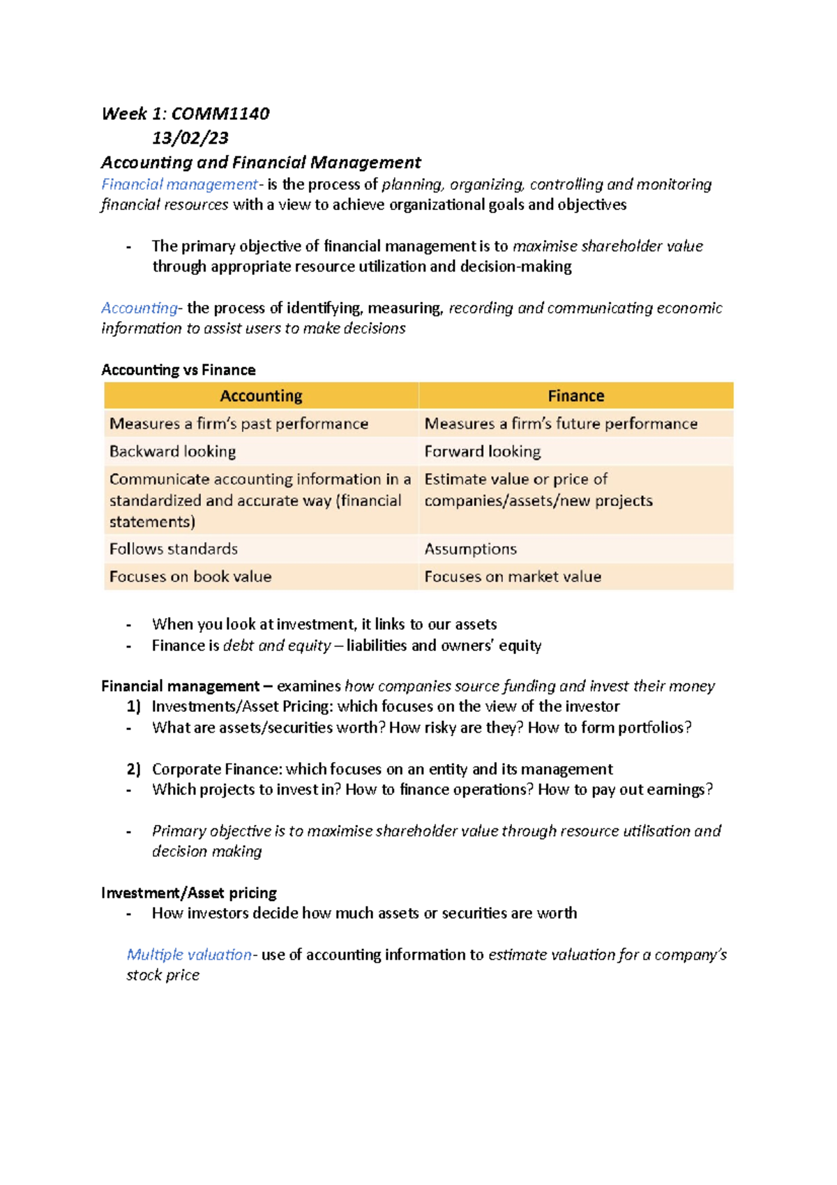 Week 1- COMM1140 - Week 1: COMM 13/02/ Accounting and Financial Management Financial management ...