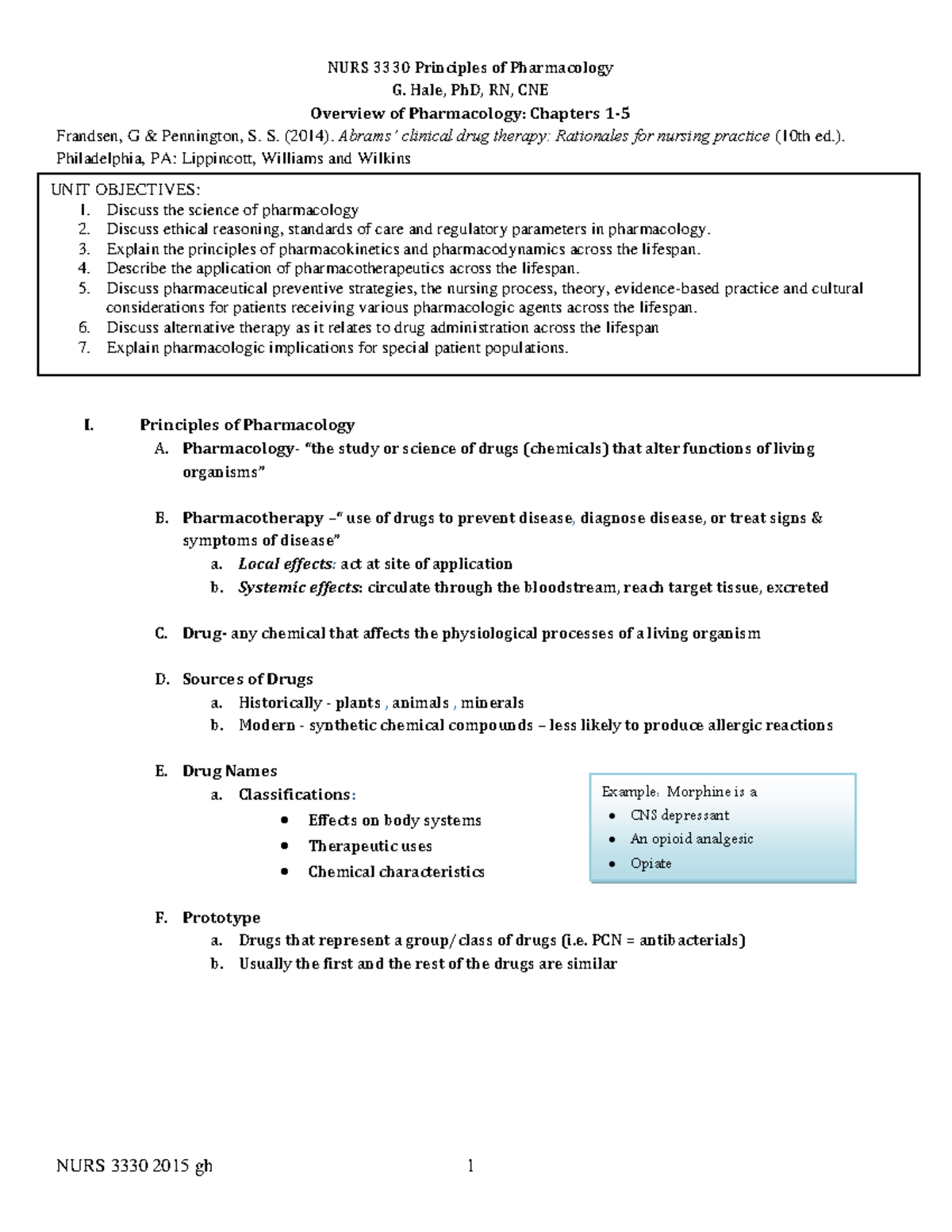 Pharmacology Overview Student Version - NURS 3330 Principles of ...