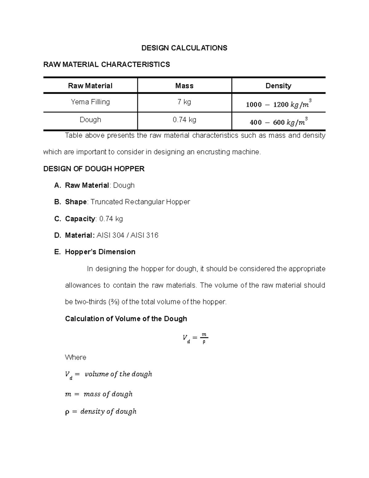 Hopia Encrusting Machine - DESIGN CALCULATIONS RAW MATERIAL ...